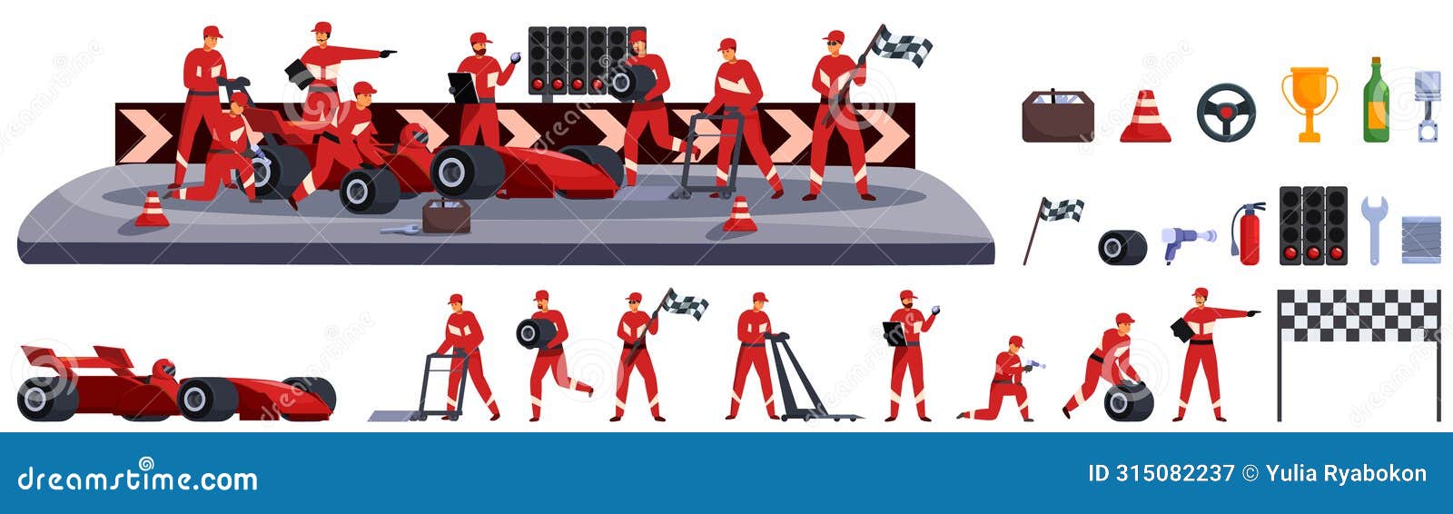 Racing Car Pit Stop Icons Set Cartoon Vector. Crew Performing Stock ...