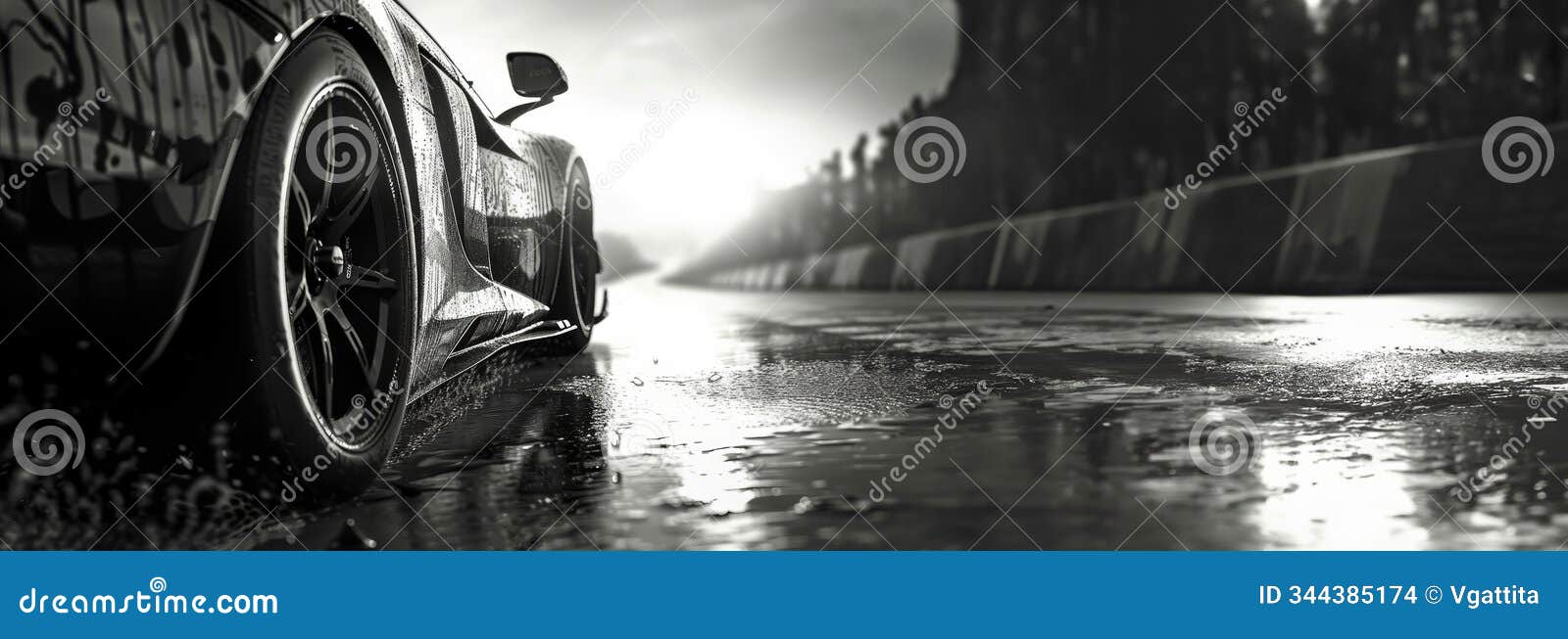 Racing Car on a Rainy Track: Monochrome Aesthetic with Dramatic Wet ...