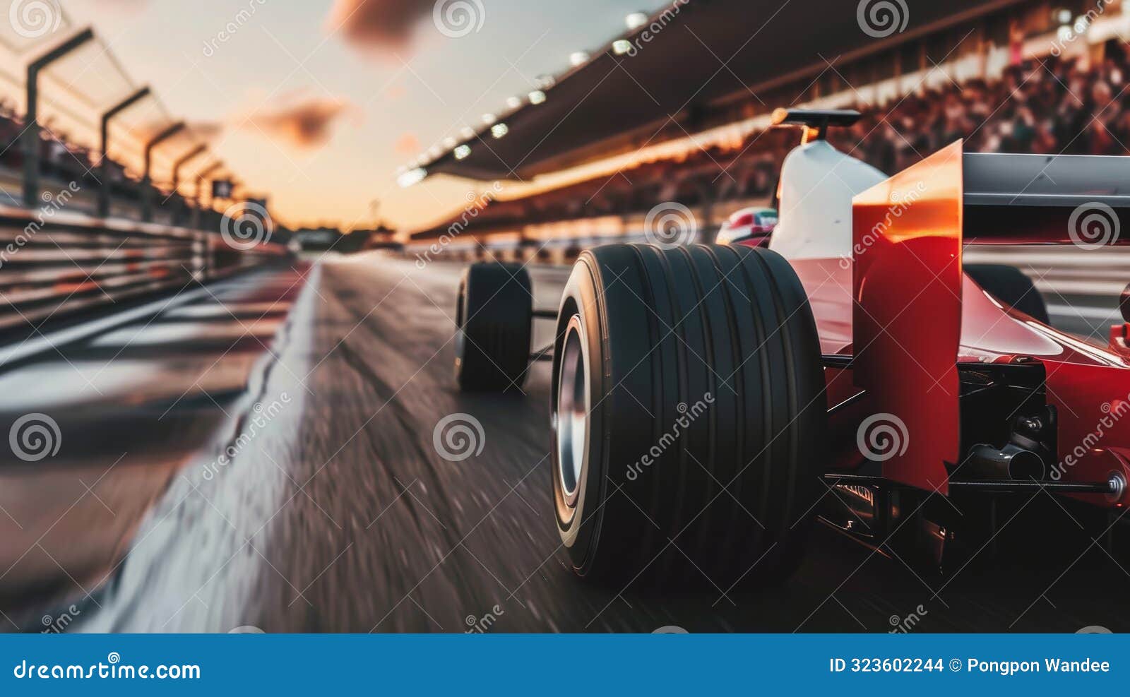 A Racing Car Speeding Down A Straightaway With A Cheering Crowd In The ...