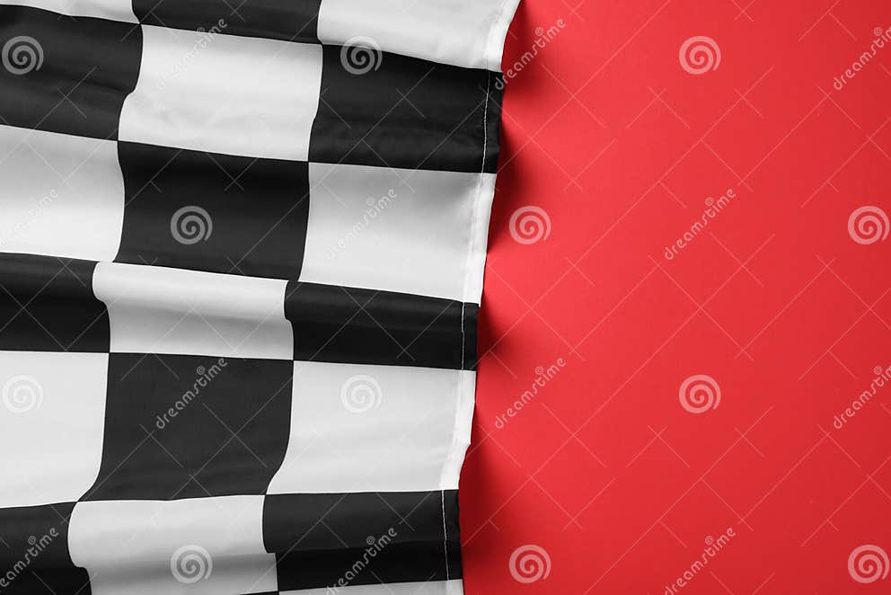 Racing Checkered Flag on Red Background, Top View. Space for Text Stock ...