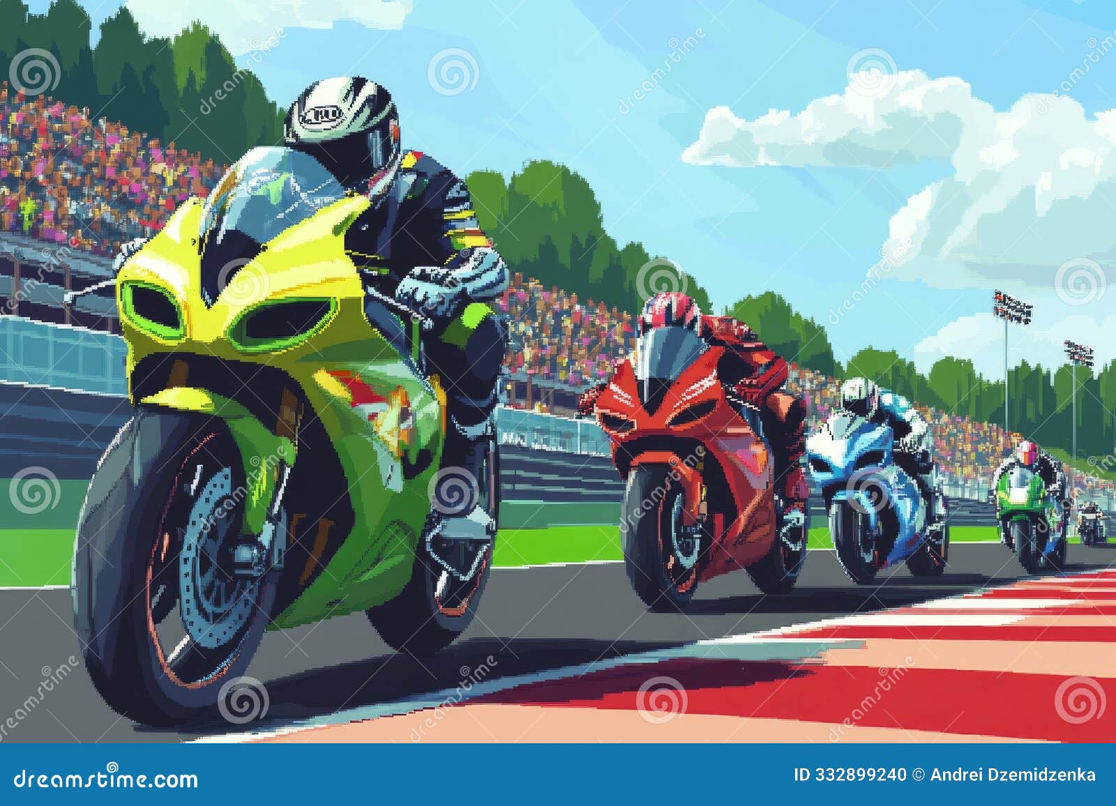 Racing Motorbikes on a Racetrack, 8-bit Pixel Art Video Game Scene from ...