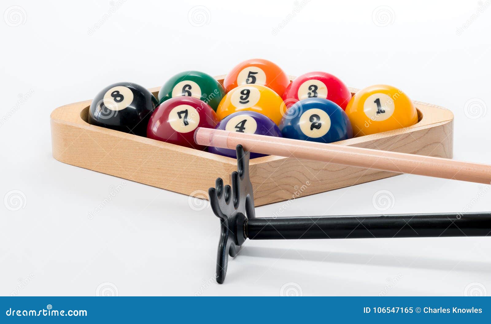 Pool Table 9 Ball Rack with Cue and Bridge Stock Image - Image of ...