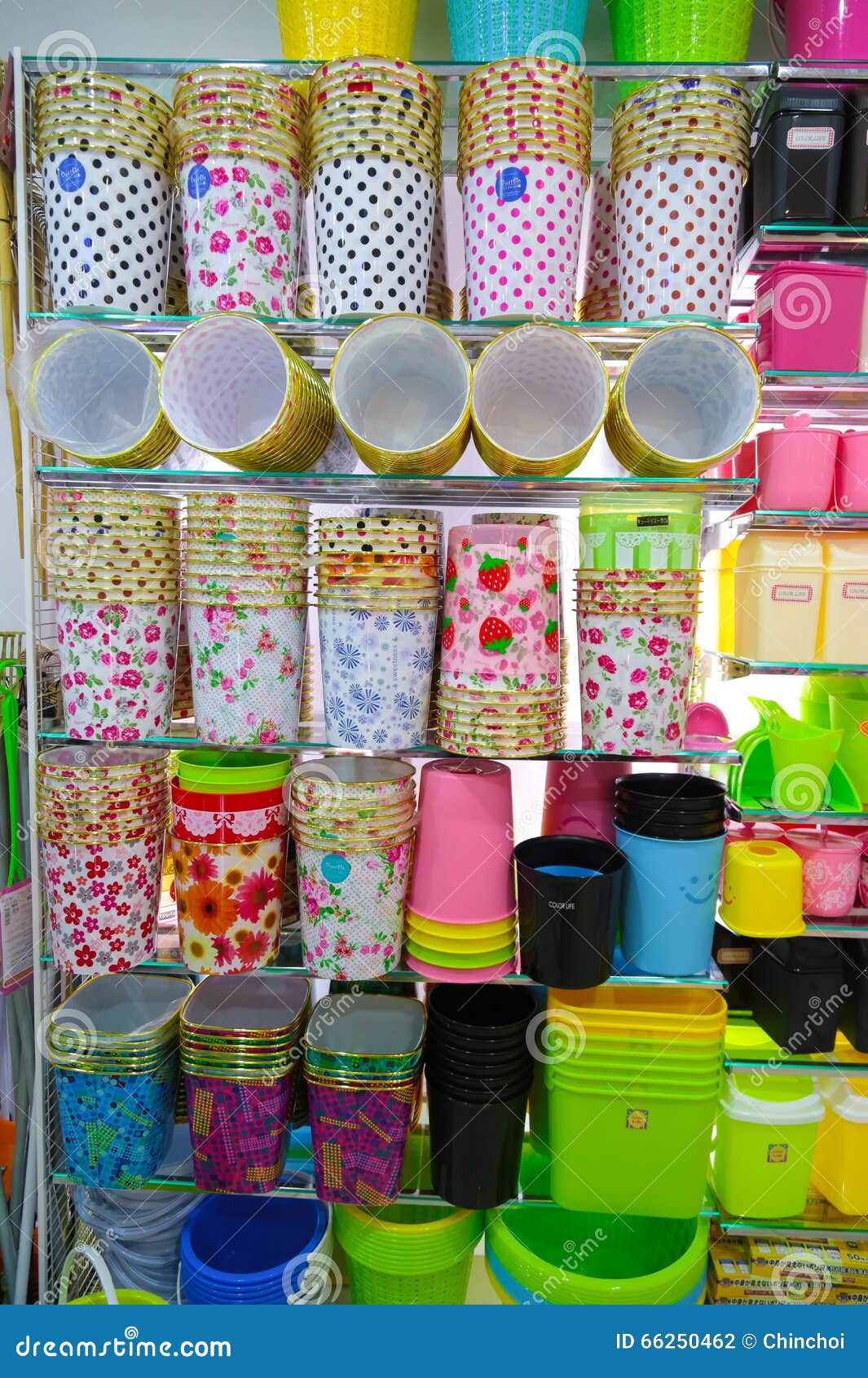 Rack of Colorful Household Containers and Basket. Stock Photo - Image ...