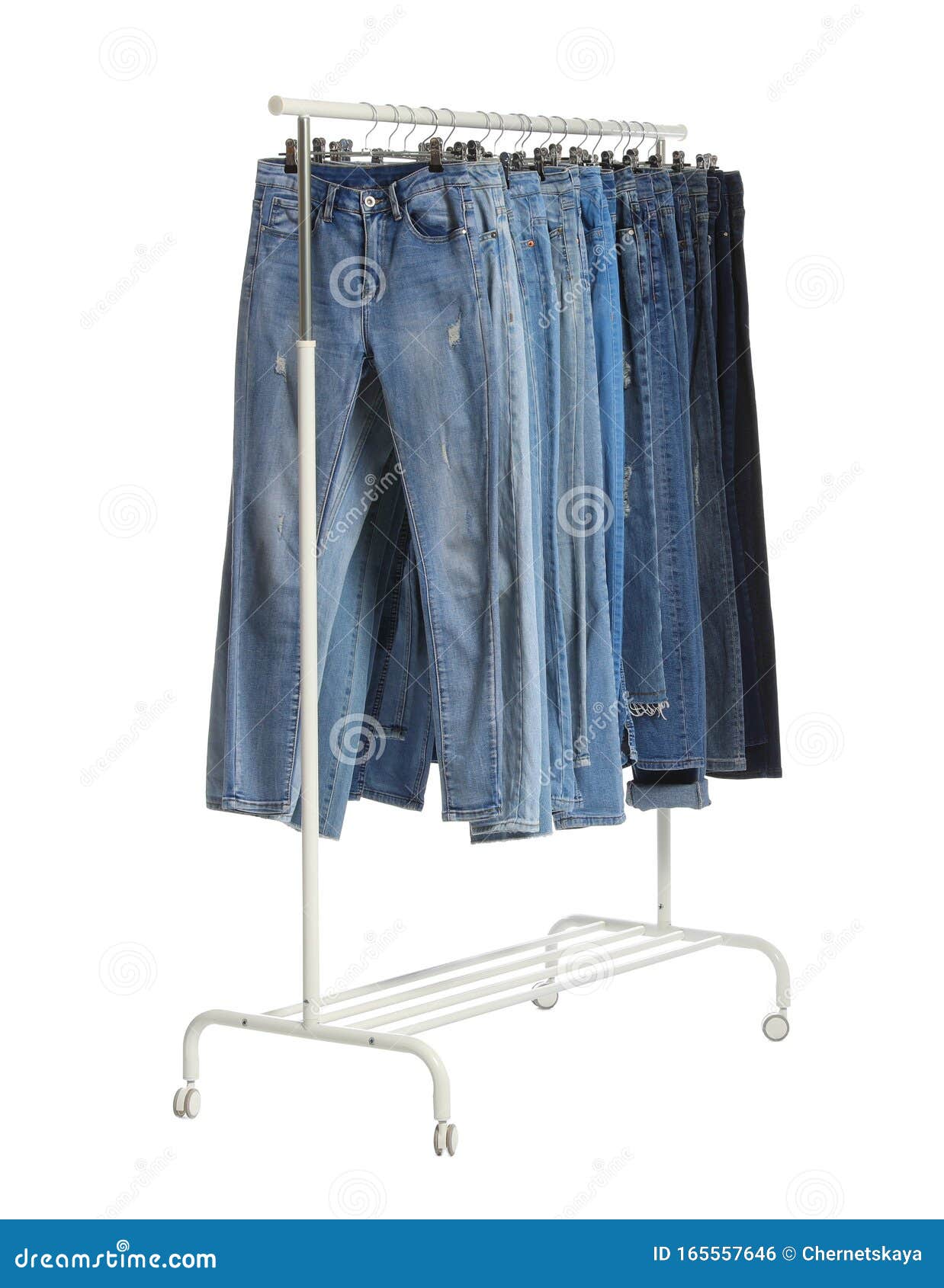Rack with Different Jeans Isolated on White Stock Photo - Image of ...