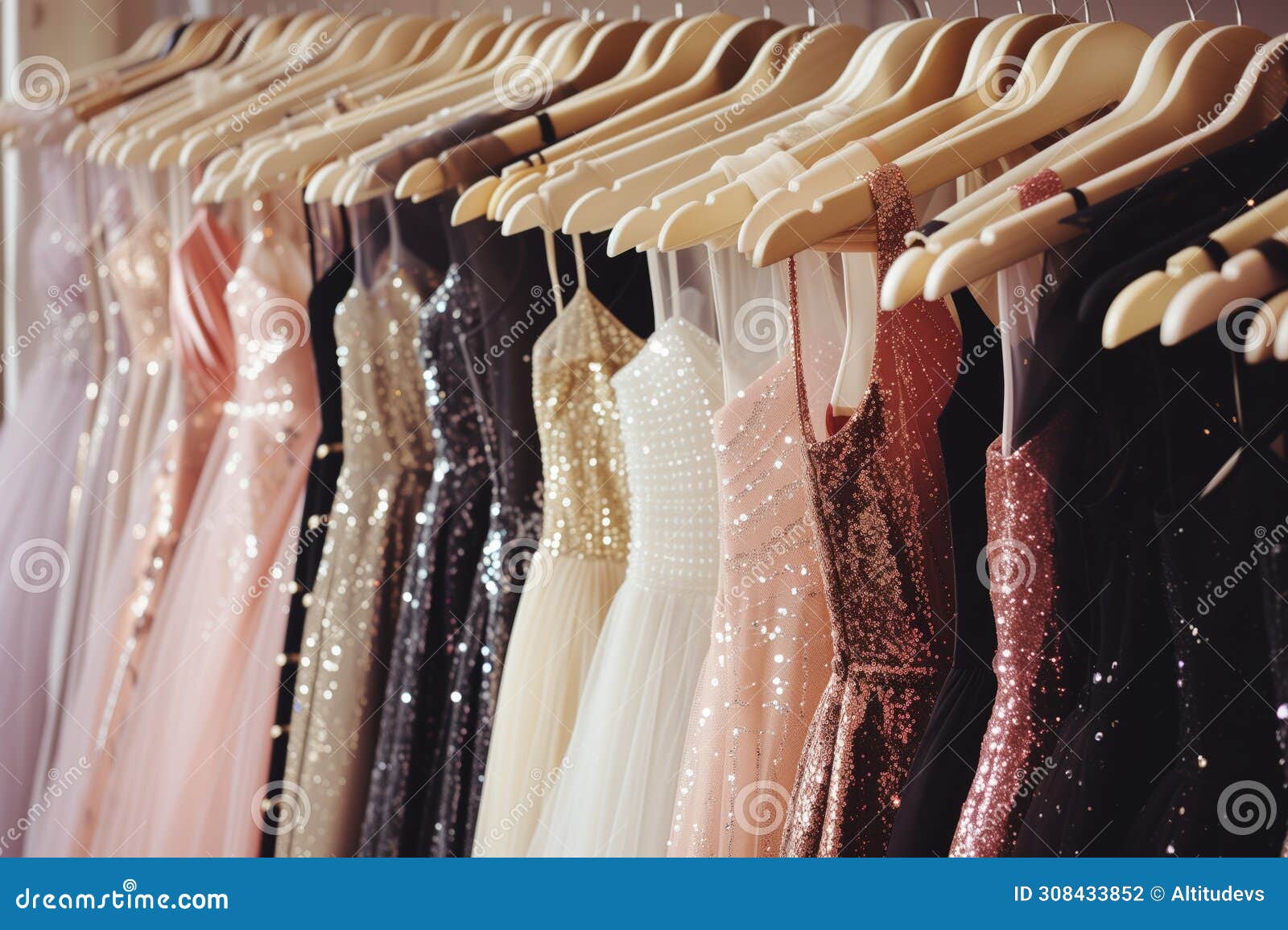 Rack of Evening Dresses with Shimmering Fabrics in a Retail Space Stock ...