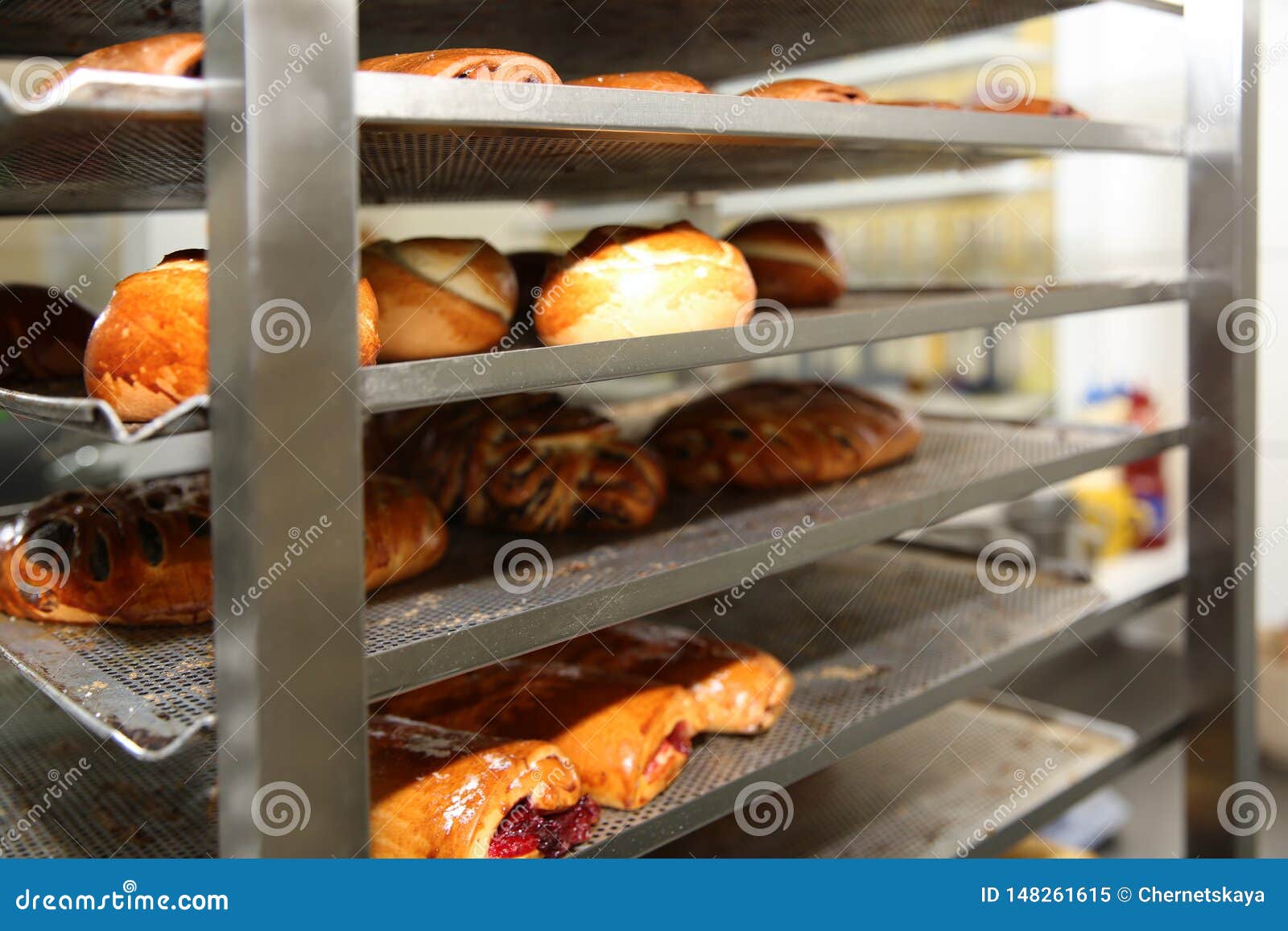 Rack with Fresh Pastries in Bakery Workshop Stock Image - Image of ...