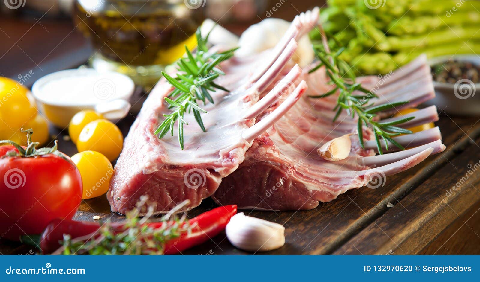 Rack of Lamb , Raw Meat with Bone on Rustic Kitchen Table at Wooden ...