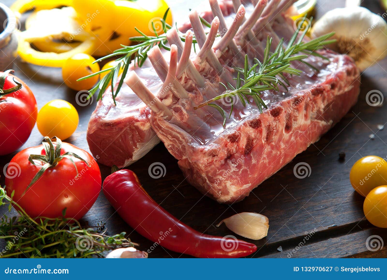 Rack of Lamb , Raw Meat with Bone on Rustic Kitchen Table at Wooden ...