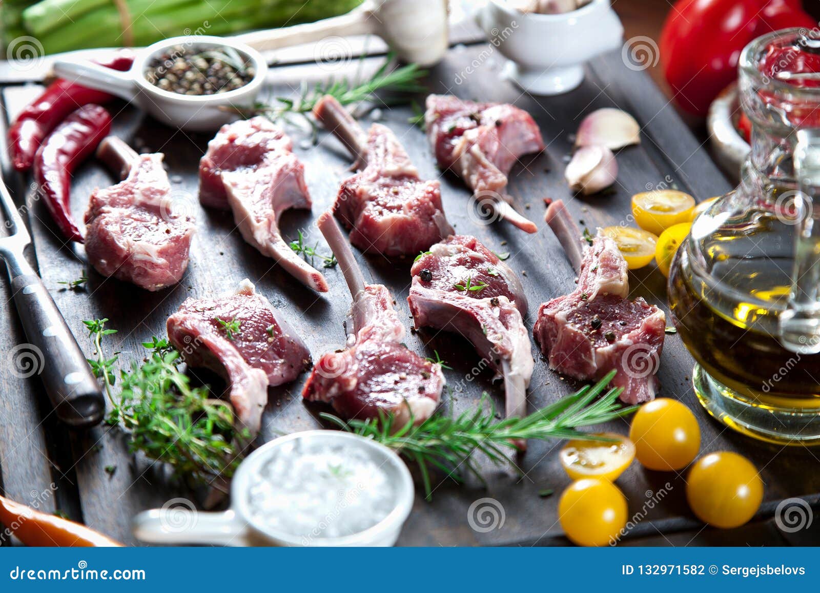 Rack of Lamb , Raw Meat with Bone on Rustic Kitchen Table at Wooden ...