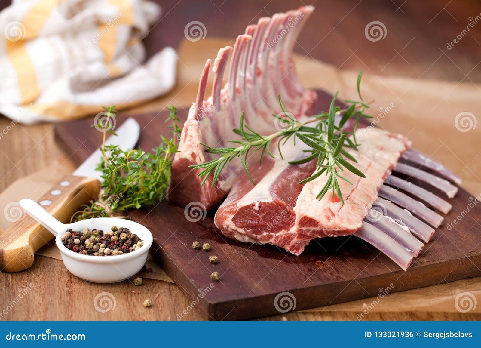 Rack of Lamb , Raw Meat with Bone on Rustic Kitchen Table at Wooden ...