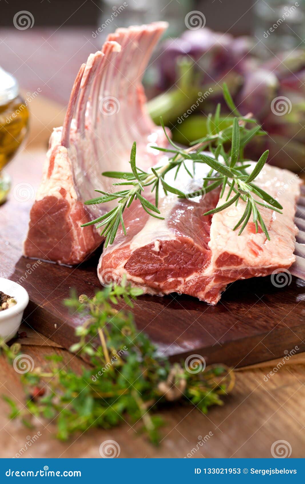 Rack of Lamb , Raw Meat with Bone on Rustic Kitchen Table at Wooden ...