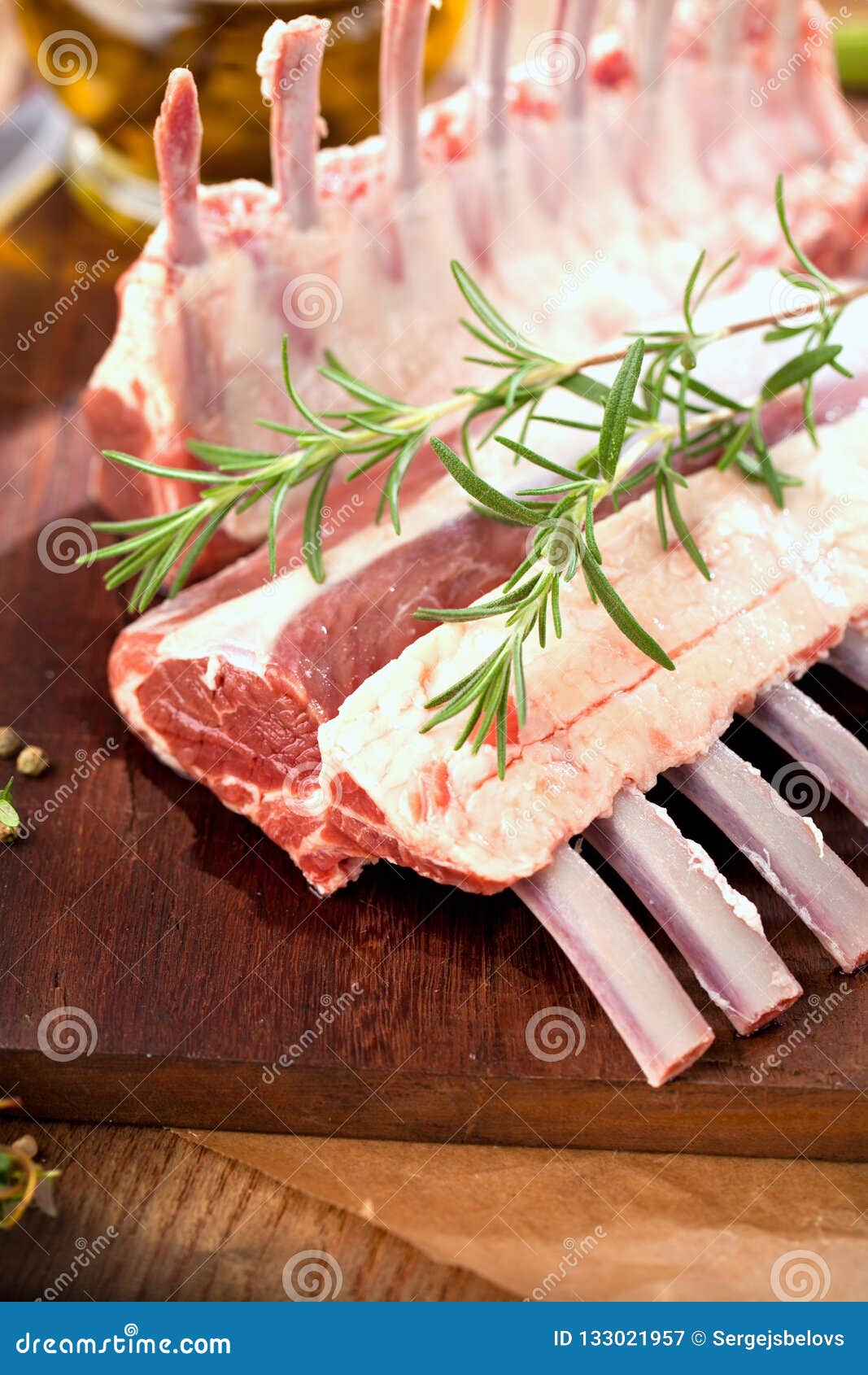 Rack of Lamb , Raw Meat with Bone on Rustic Kitchen Table at Wooden ...