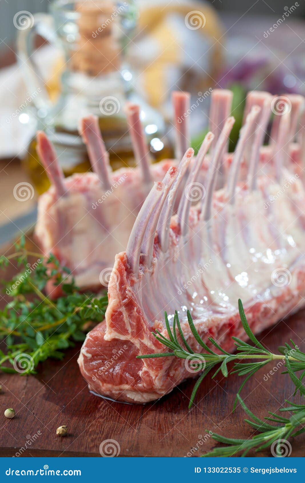 Rack of Lamb , Raw Meat with Bone on Rustic Kitchen Table at Wooden ...
