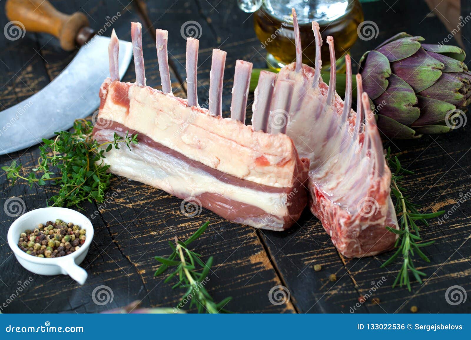 Rack of Lamb , Raw Meat with Bone on Rustic Kitchen Table at Wooden ...