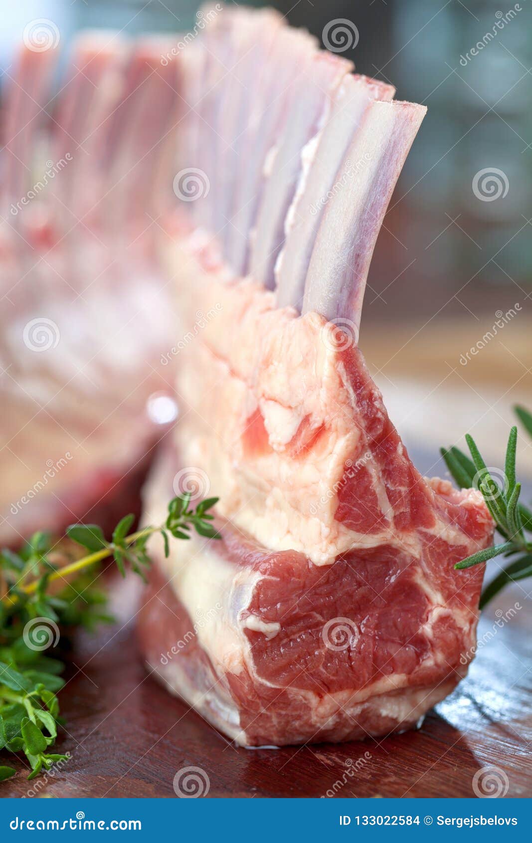 Rack of Lamb , Raw Meat with Bone on Rustic Kitchen Table at Wooden ...