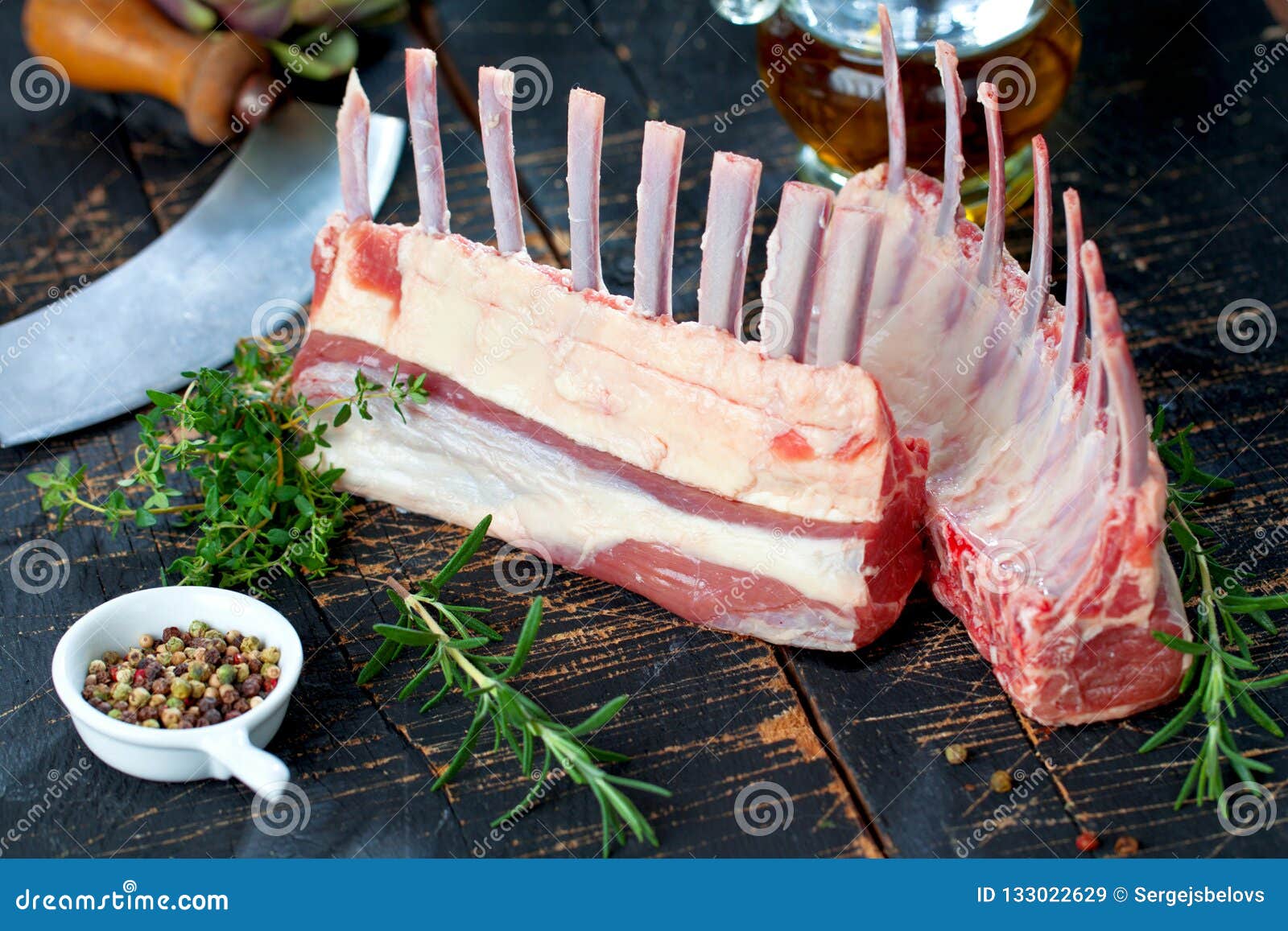 Rack of Lamb , Raw Meat with Bone on Rustic Kitchen Table at Wooden ...
