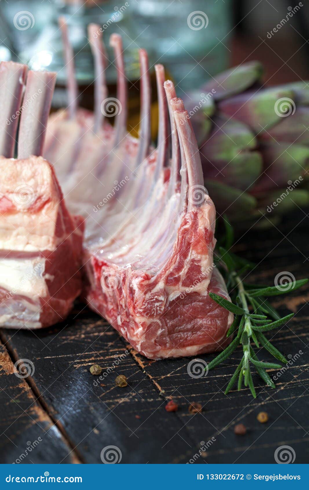 Rack of Lamb , Raw Meat with Bone on Rustic Kitchen Table at Wooden ...