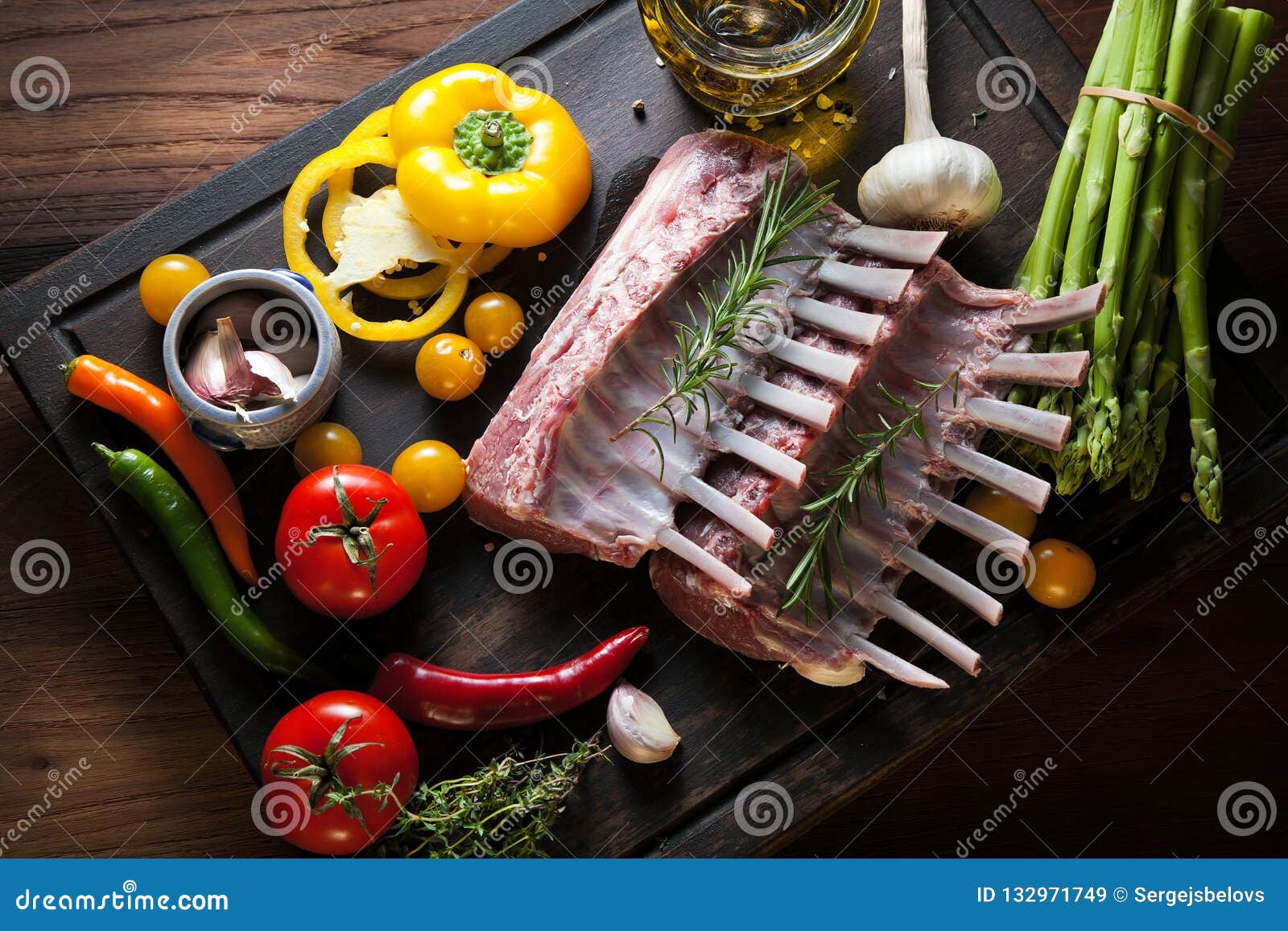 Rack of Lamb , Raw Meat with Bone on Rustic Kitchen Table at Wooden ...