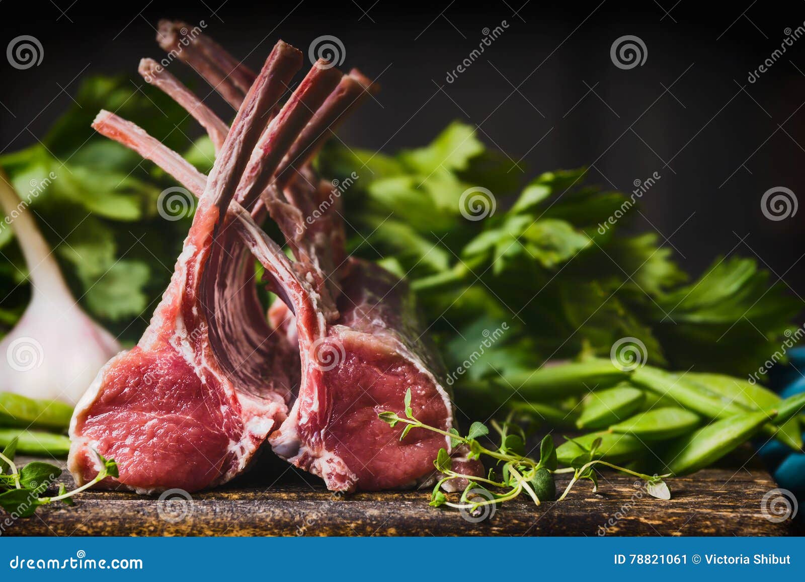 Rack of Lamb , Raw Meat with Bone on Rustic Kitchen Table at Wooden ...