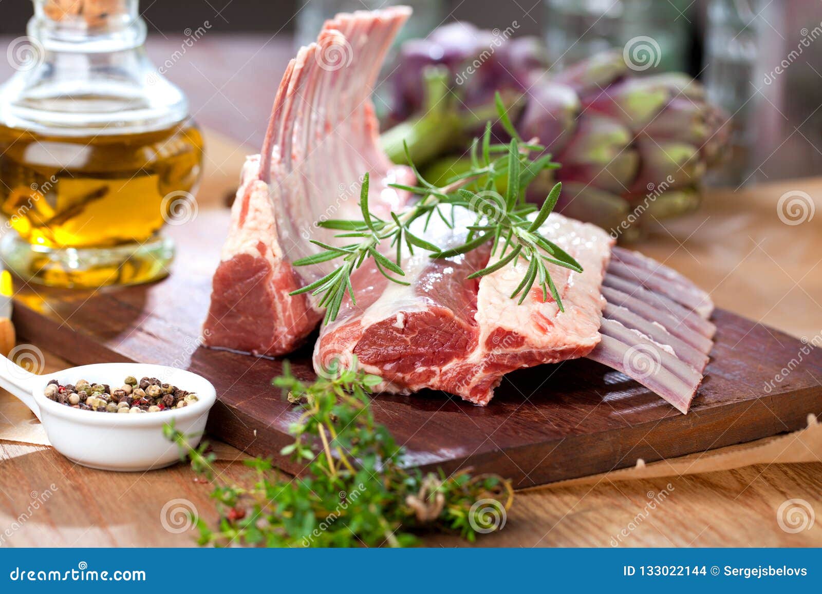 Rack of Lamb , Raw Meat with Bone on Rustic Kitchen Table at Wooden ...