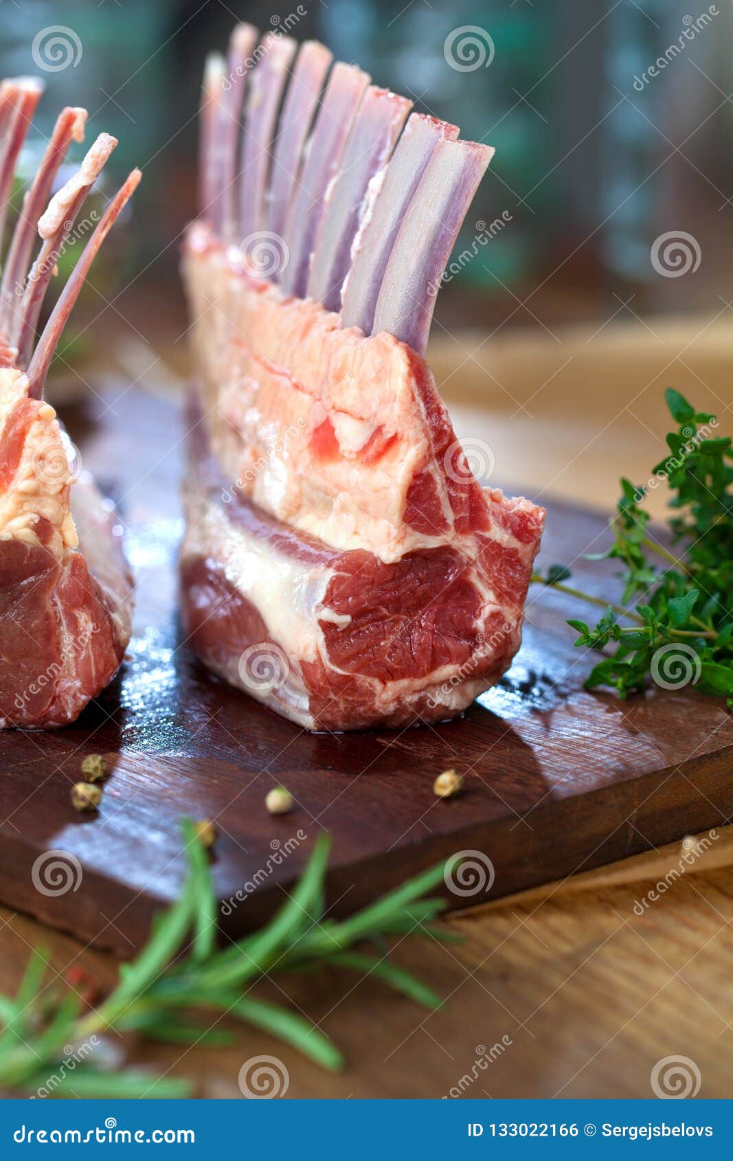 Rack of Lamb , Raw Meat with Bone on Rustic Kitchen Table at Wooden ...