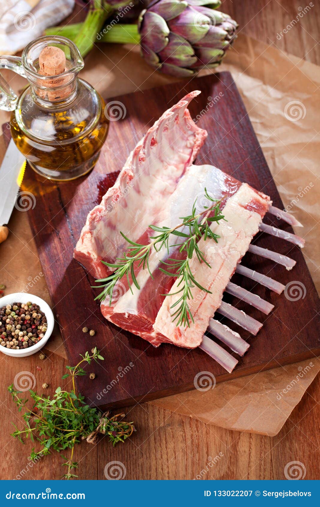 Rack of Lamb , Raw Meat with Bone on Rustic Kitchen Table at Wooden ...