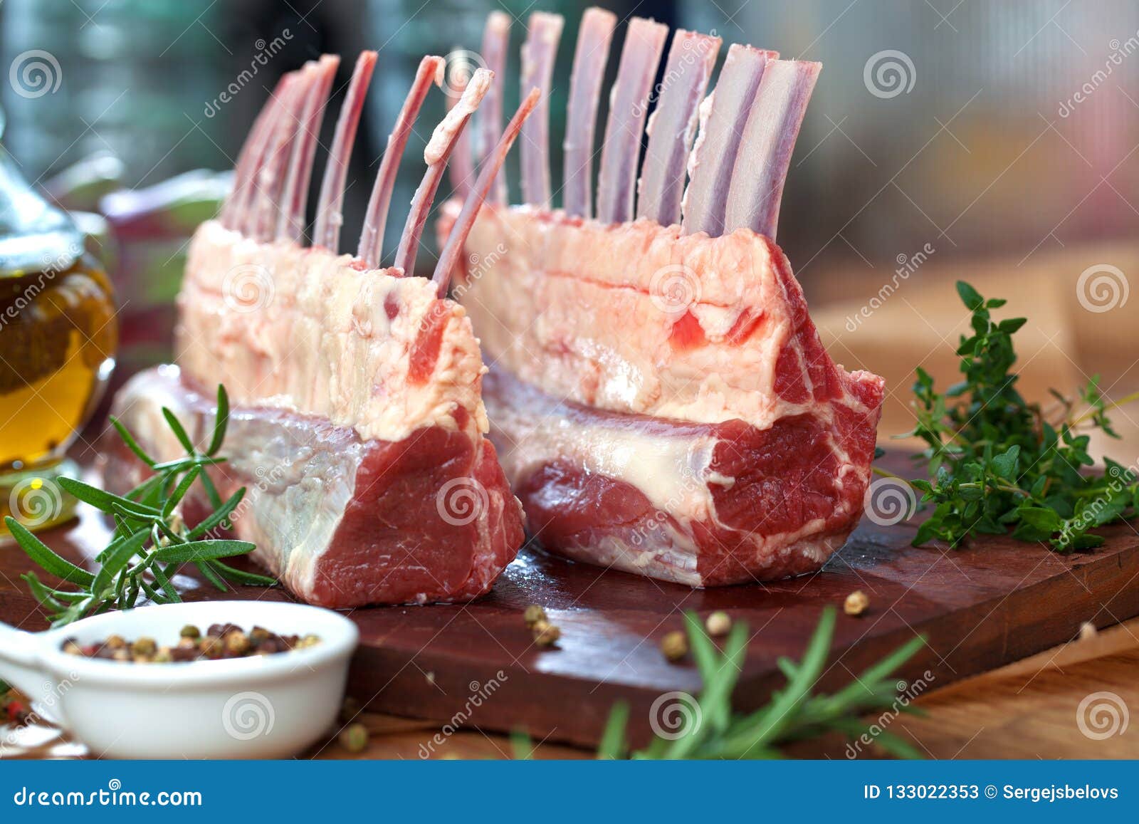 Rack of Lamb , Raw Meat with Bone on Rustic Kitchen Table at Wooden ...