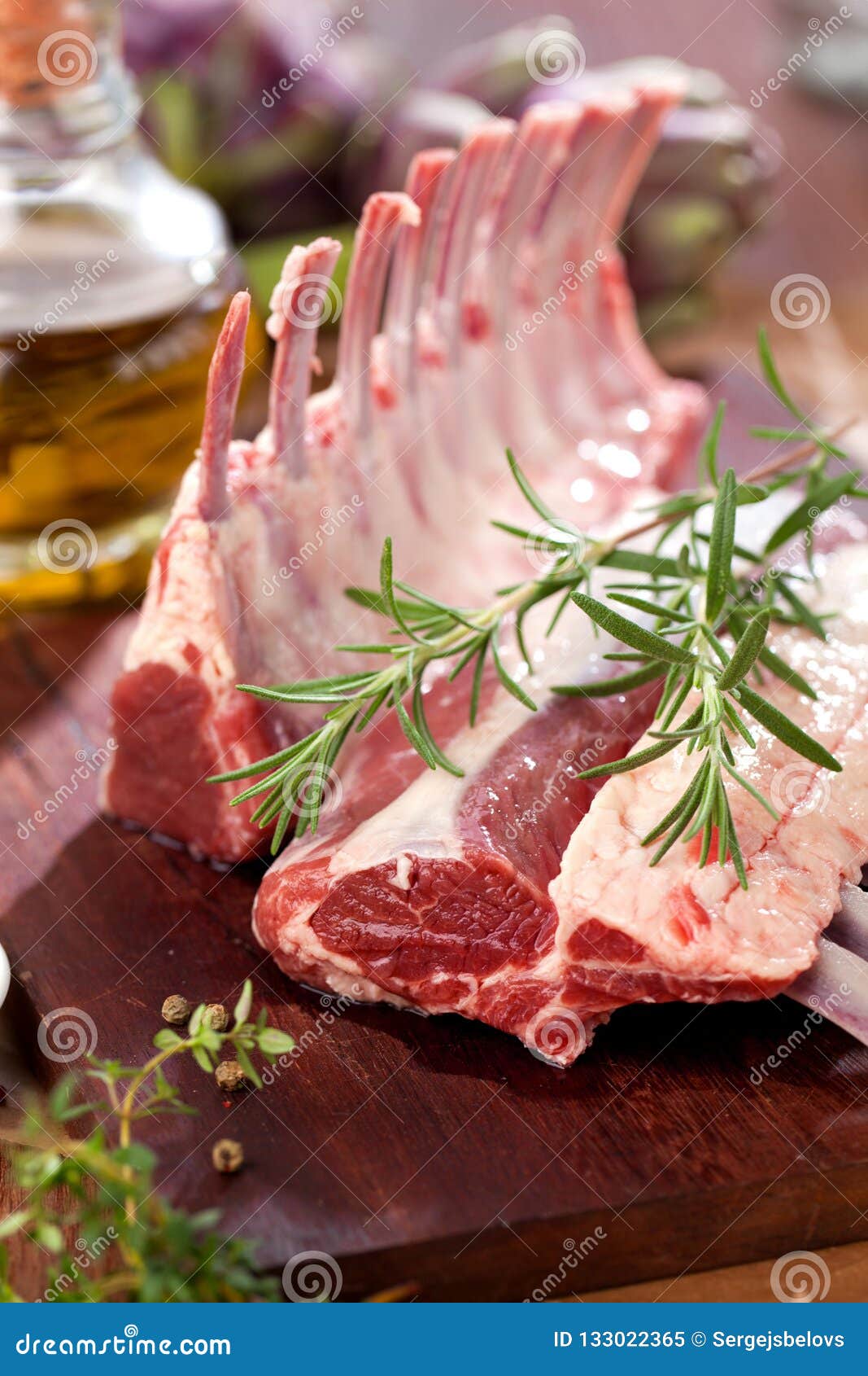 Rack of Lamb , Raw Meat with Bone on Rustic Kitchen Table at Wooden ...