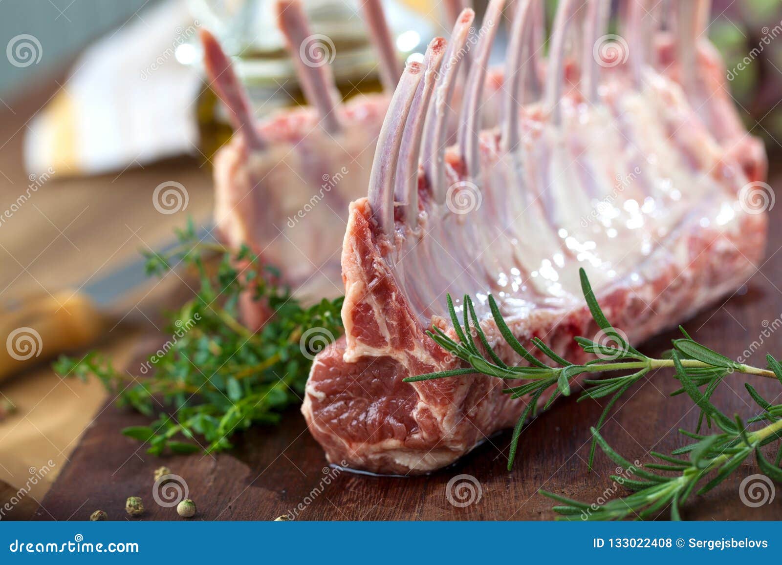 Rack of Lamb , Raw Meat with Bone on Rustic Kitchen Table at Wooden ...
