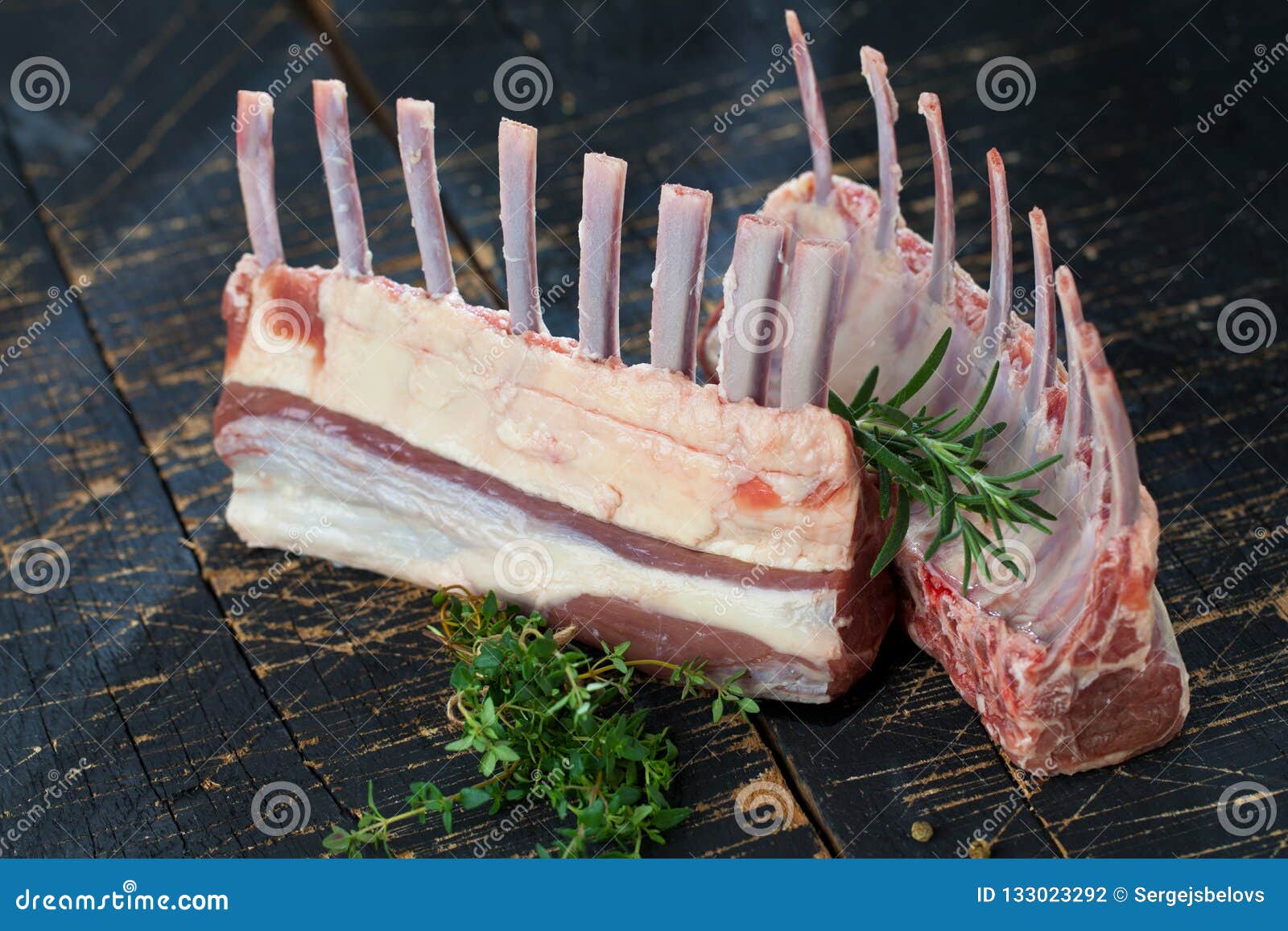 Rack of Lamb , Raw Meat with Bone on Rustic Kitchen Table at Wooden ...