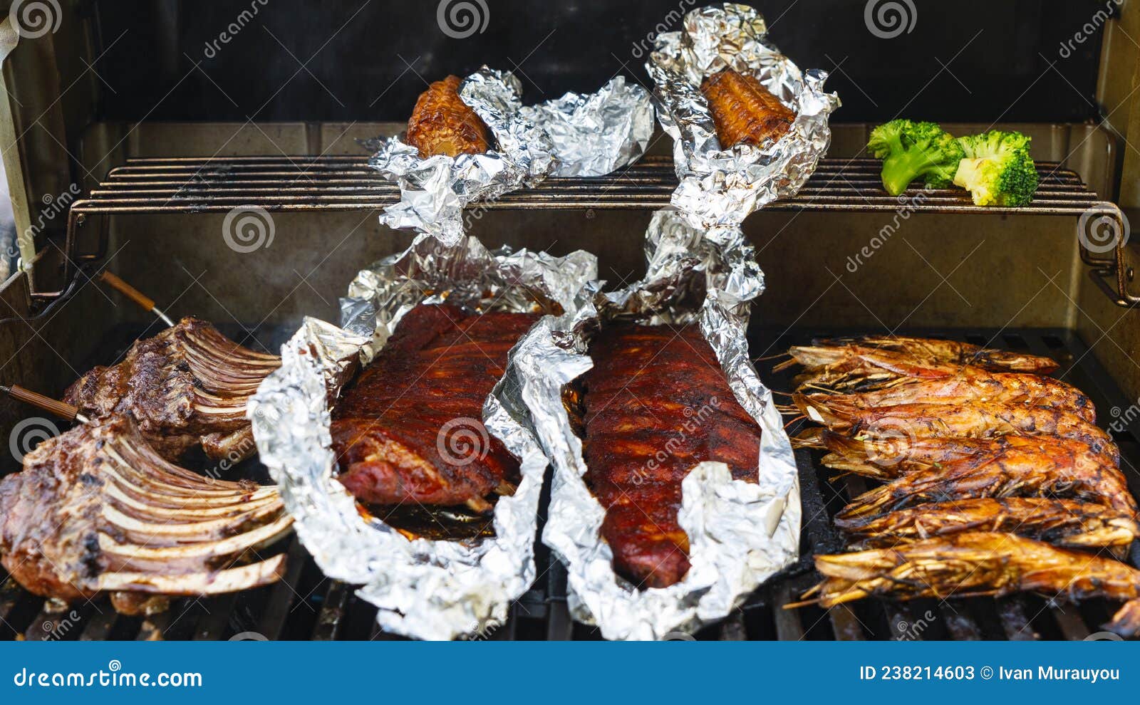 Rack of Lamb, Ribeye Steak and Langustine Frying on Grill Stock Image ...