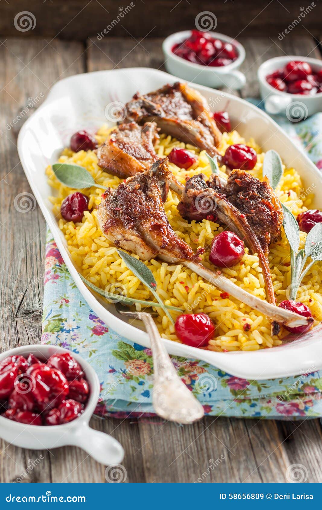 Rack of Lamb with Rice and Cherry Sauce Stock Image - Image of plate ...