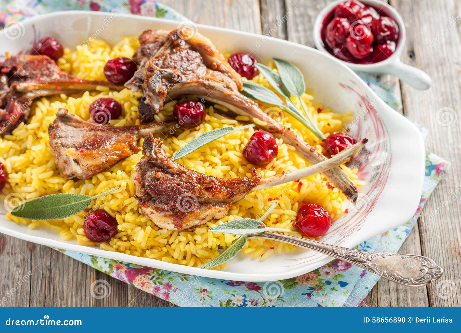 Rack of Lamb with Rice and Cherry Sauce Stock Photo - Image of macro ...