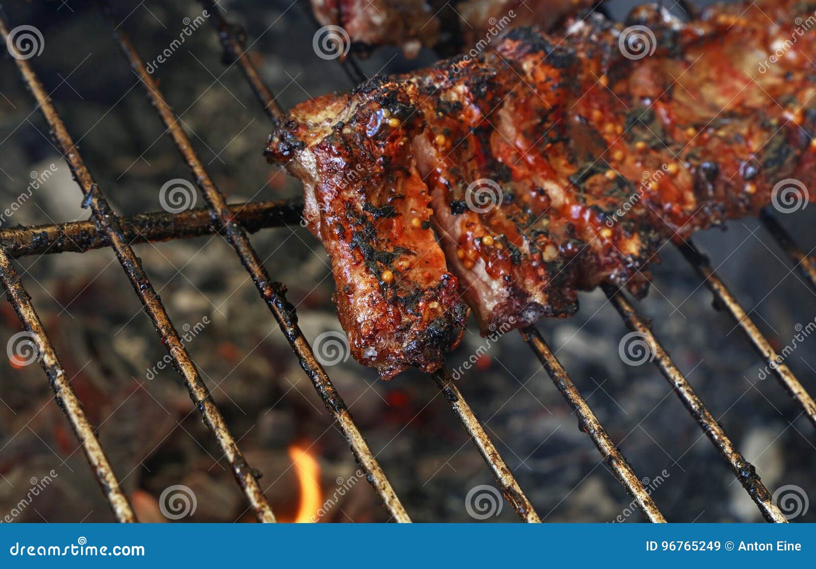 Rack of Pork Spare Ribs on Fire Barbecue Grill Stock Image - Image of ...