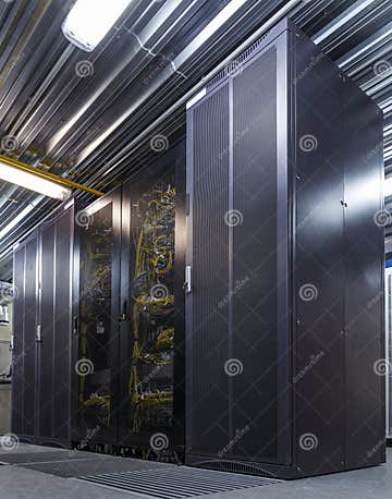 Rack Server Hardware in Big Data Center with Connected Cables and Wires ...
