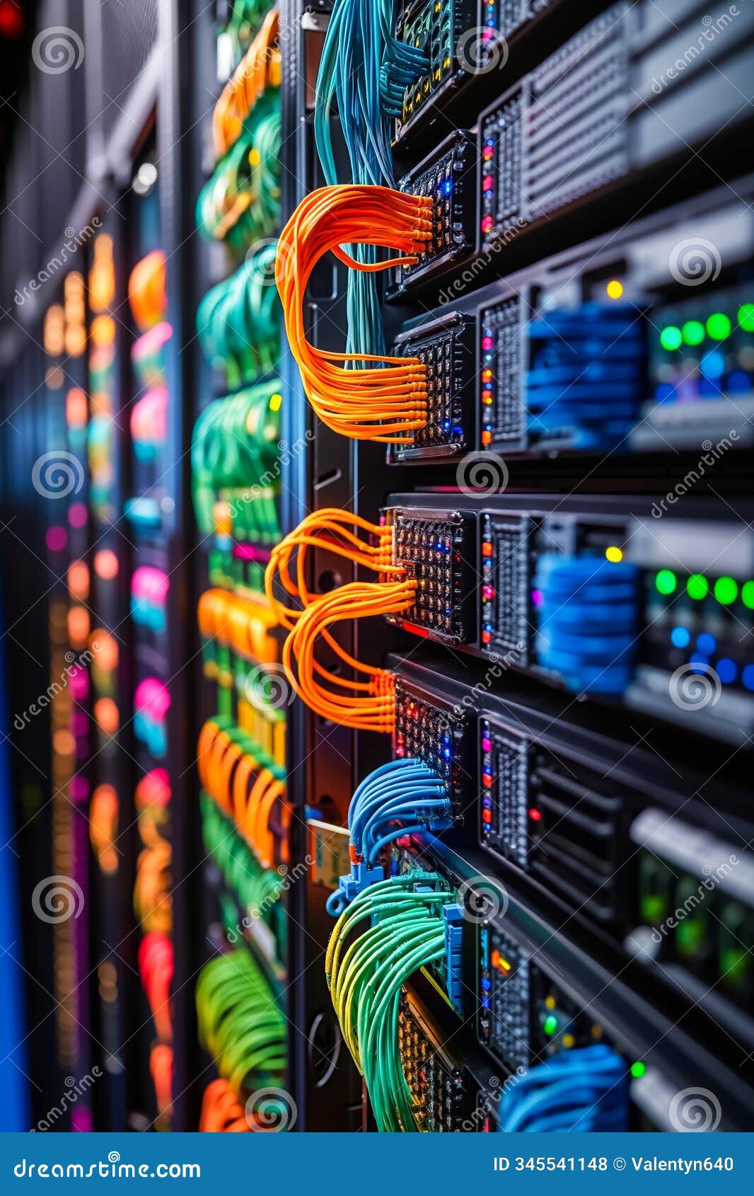 A Rack of Servers with Many Different Colored Cables in a Server Room ...