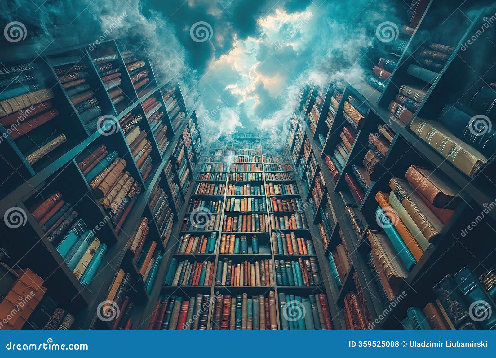 A Rack of Shelves Full of Books Rises into the Cloudy Sky. Concept of ...