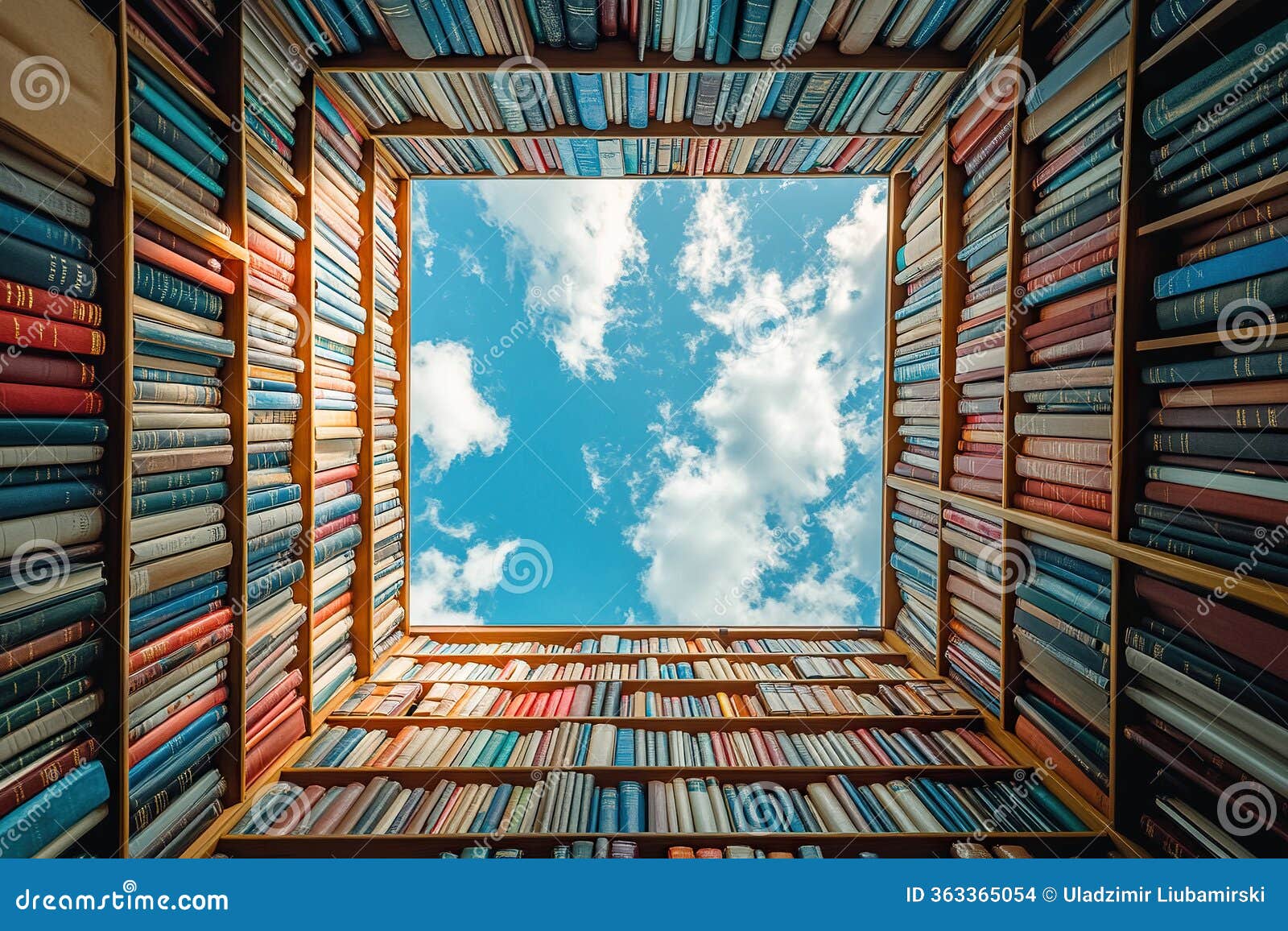A Rack of Shelves Full of Books Rises into the Cloudy Sky. Concept of ...