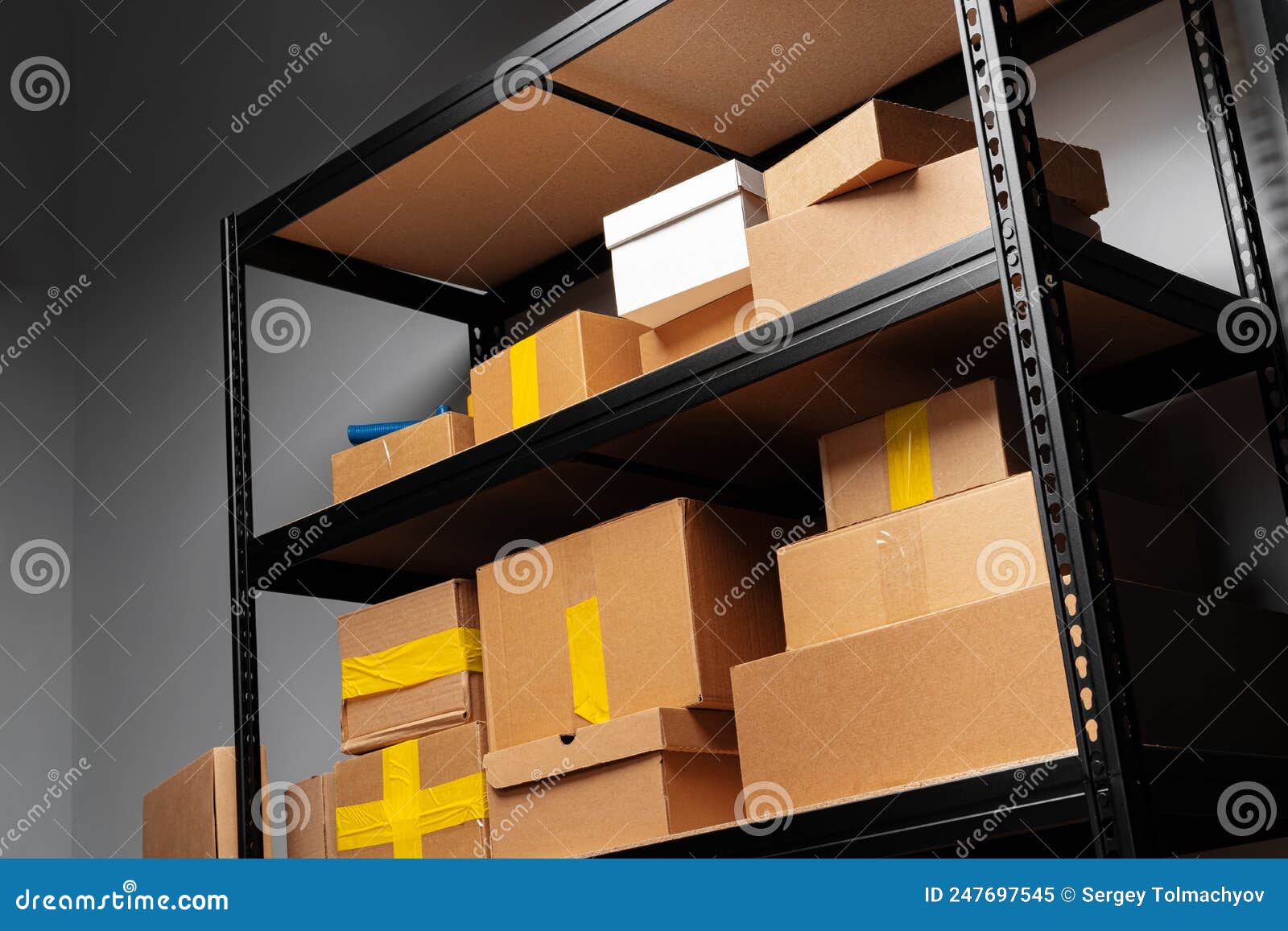 Rack Shelves with Paper Boxes in Warehouse. Stock Image - Image of ...