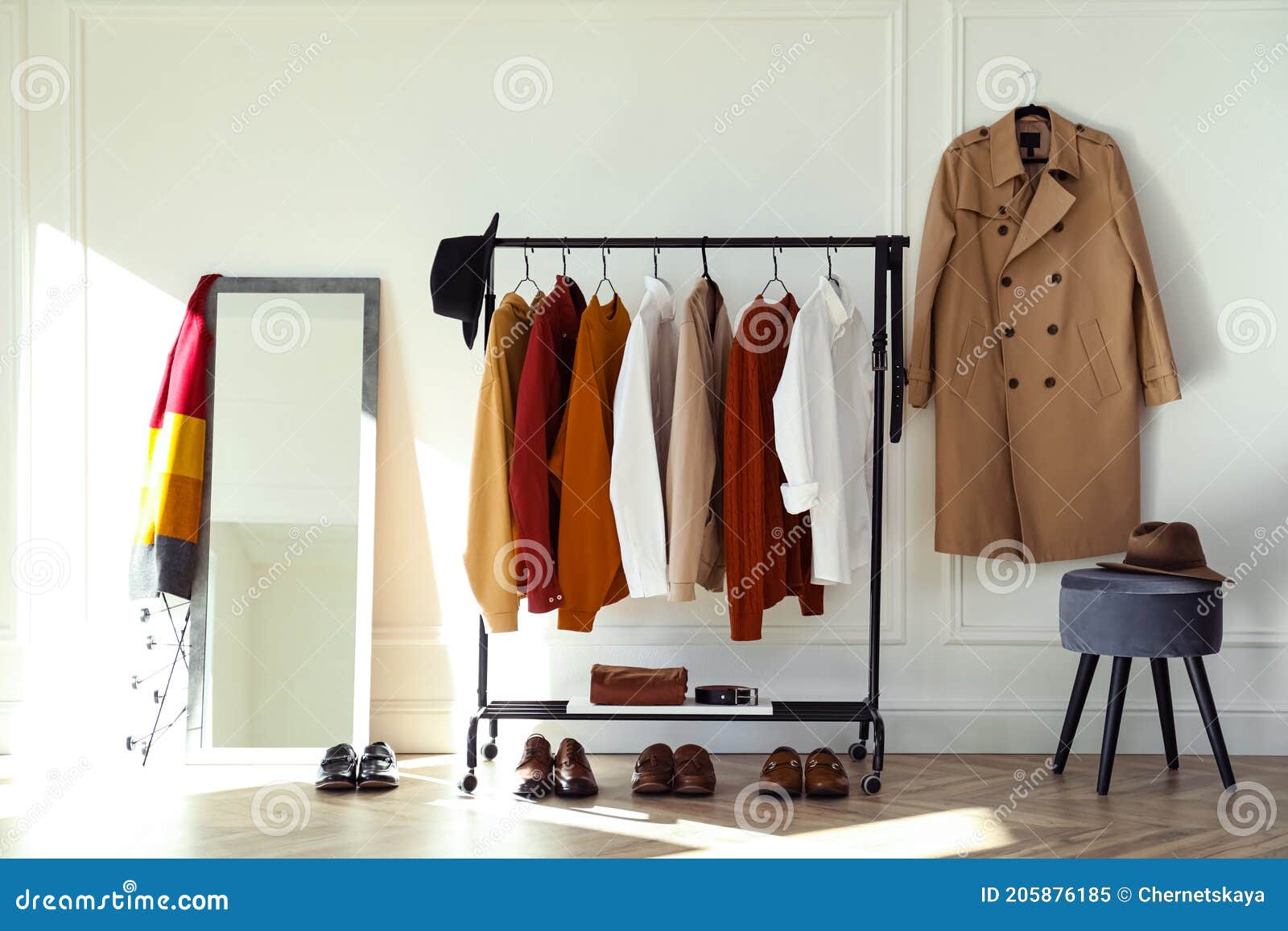Rack with Stylish Clothes in Modern Dressing Room Stock Image - Image ...