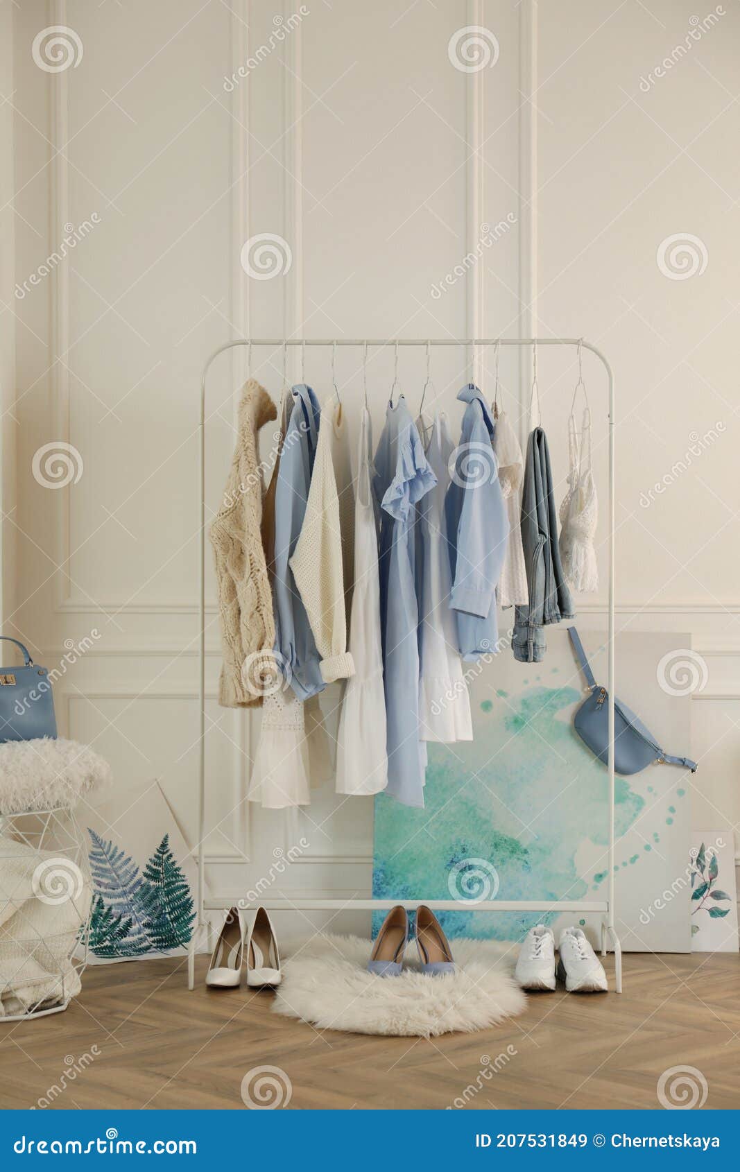 Rack with Stylish Clothes in Modern Dressing Room Stock Image - Image ...
