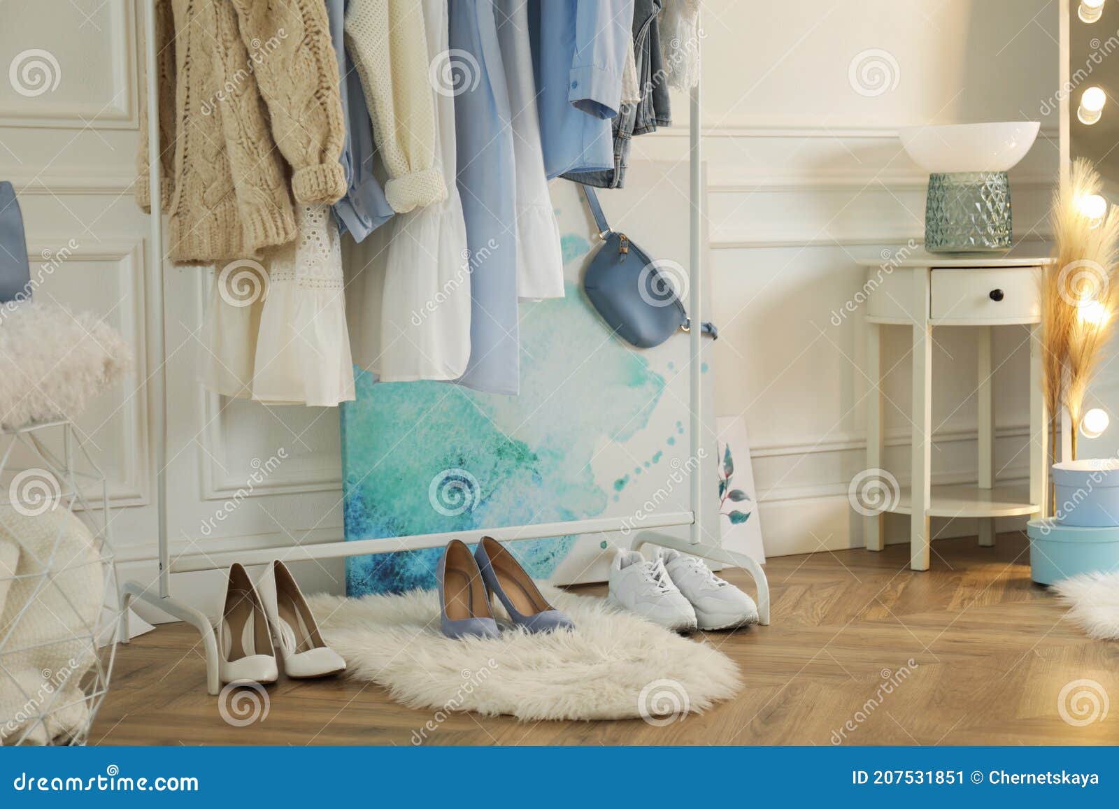 Rack with Stylish Clothes in Modern Dressing Room Stock Image - Image ...