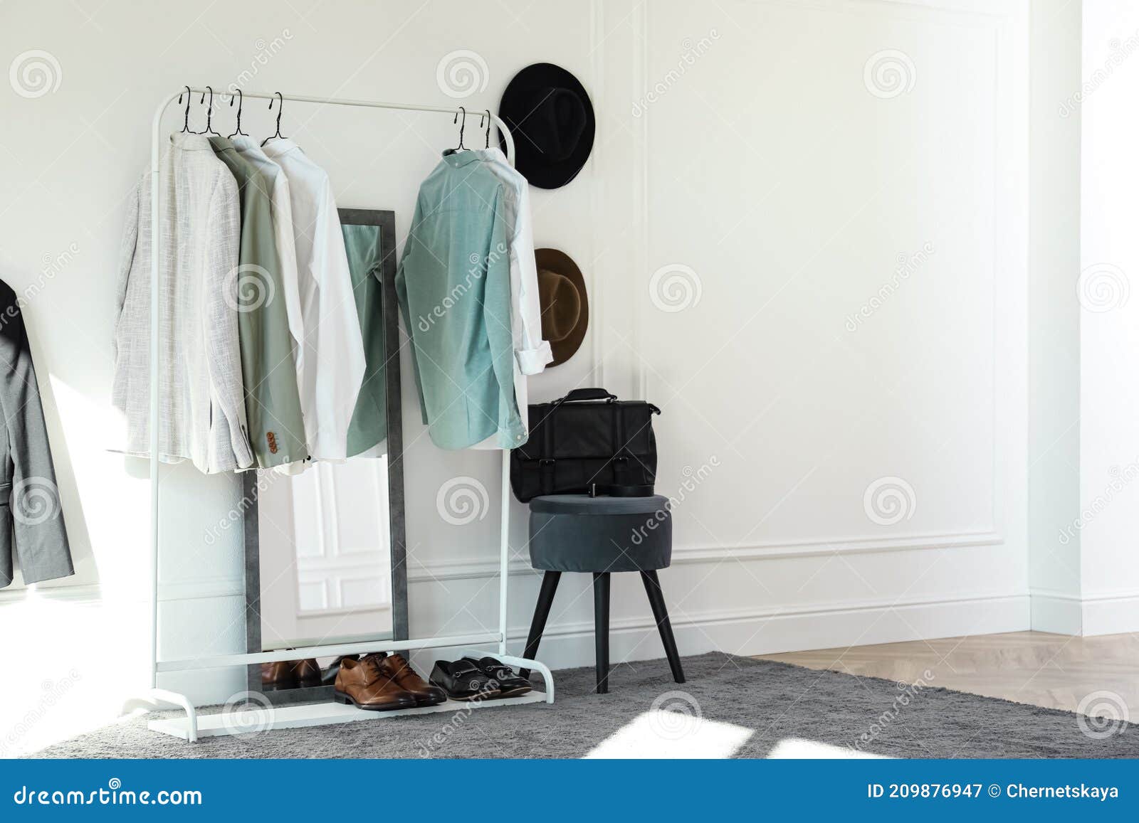 Rack with Stylish Clothes in Modern Dressing Room Stock Image - Image ...