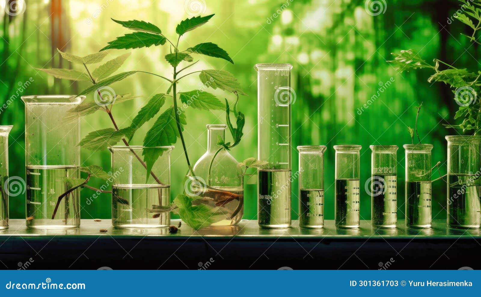 Rack with Various Laboratory Equipment and Leaves. Cosmetics Laboratory ...
