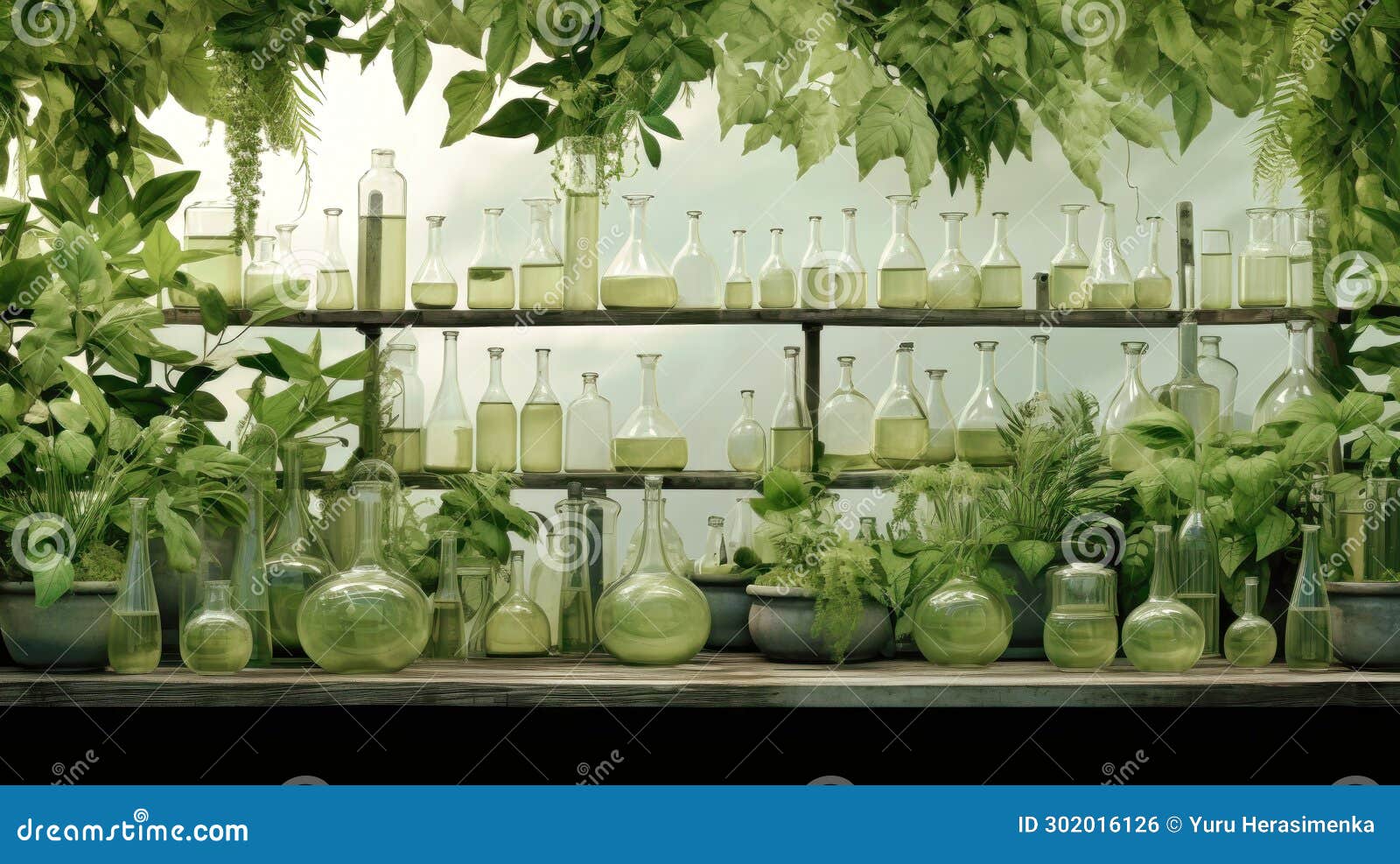 Rack with Various Laboratory Equipment and Leaves. Cosmetics Laboratory ...