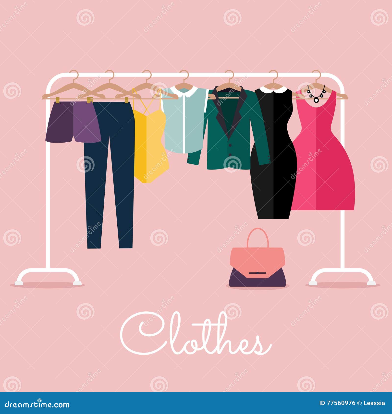 Racks with Clothes on Hangers. Flat Design Style Modern Vector Stock ...