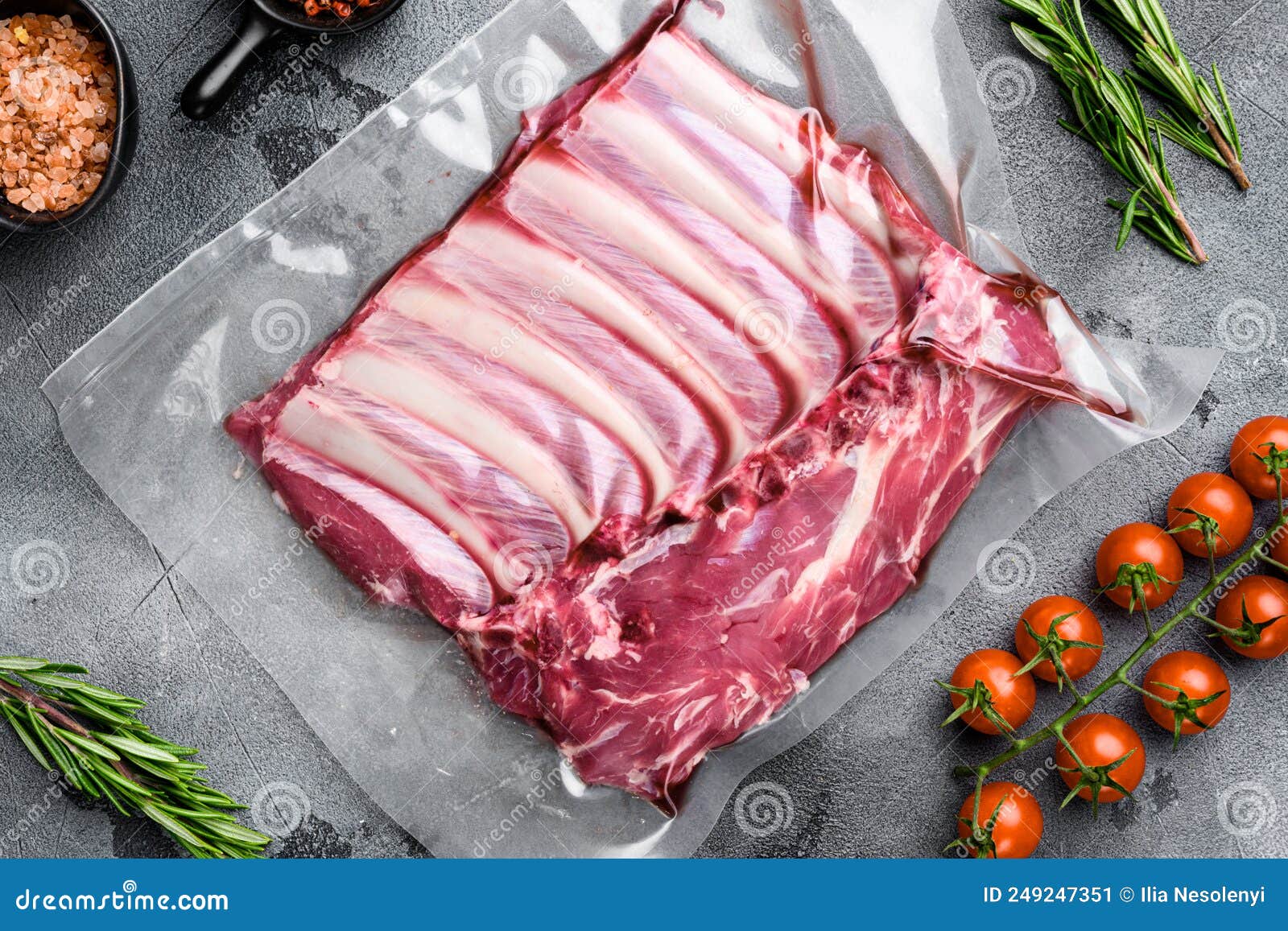 Racks of Lamb Meat Rib Fresh Pack, on Gray Stone Table Background, Top ...