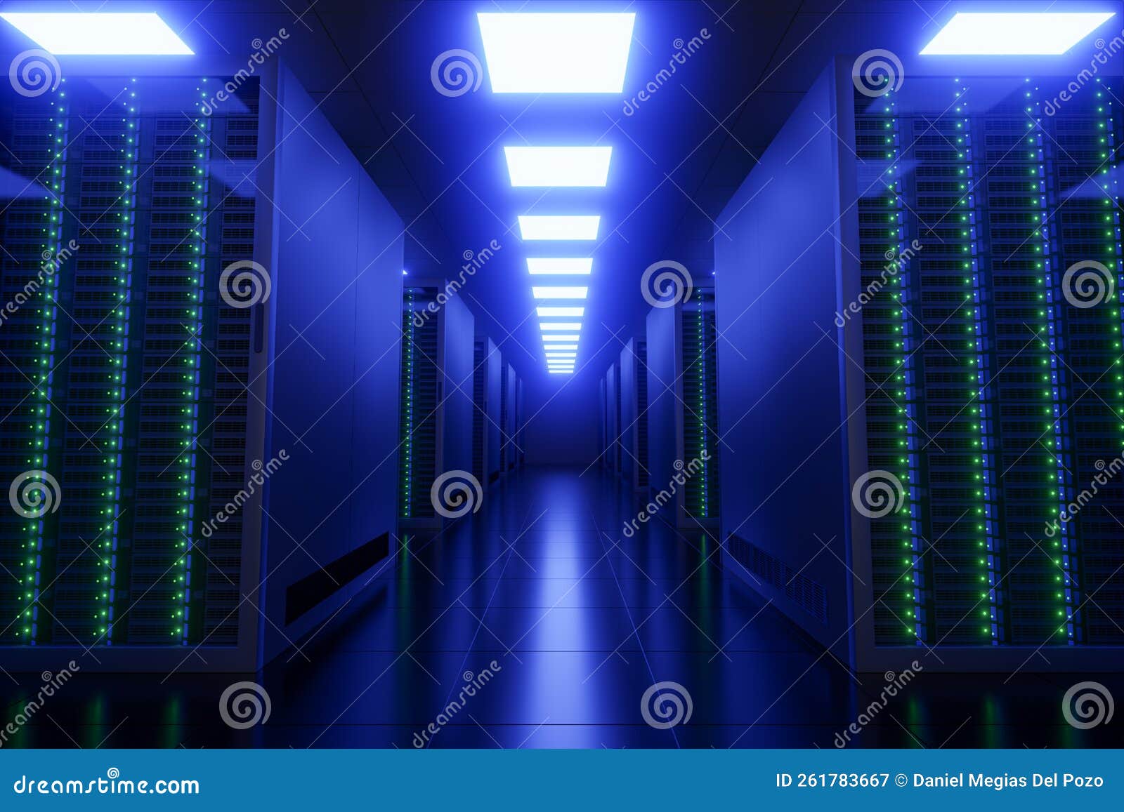 Server Room Interior with Blue Lights in Data Center. 3D Render Stock ...