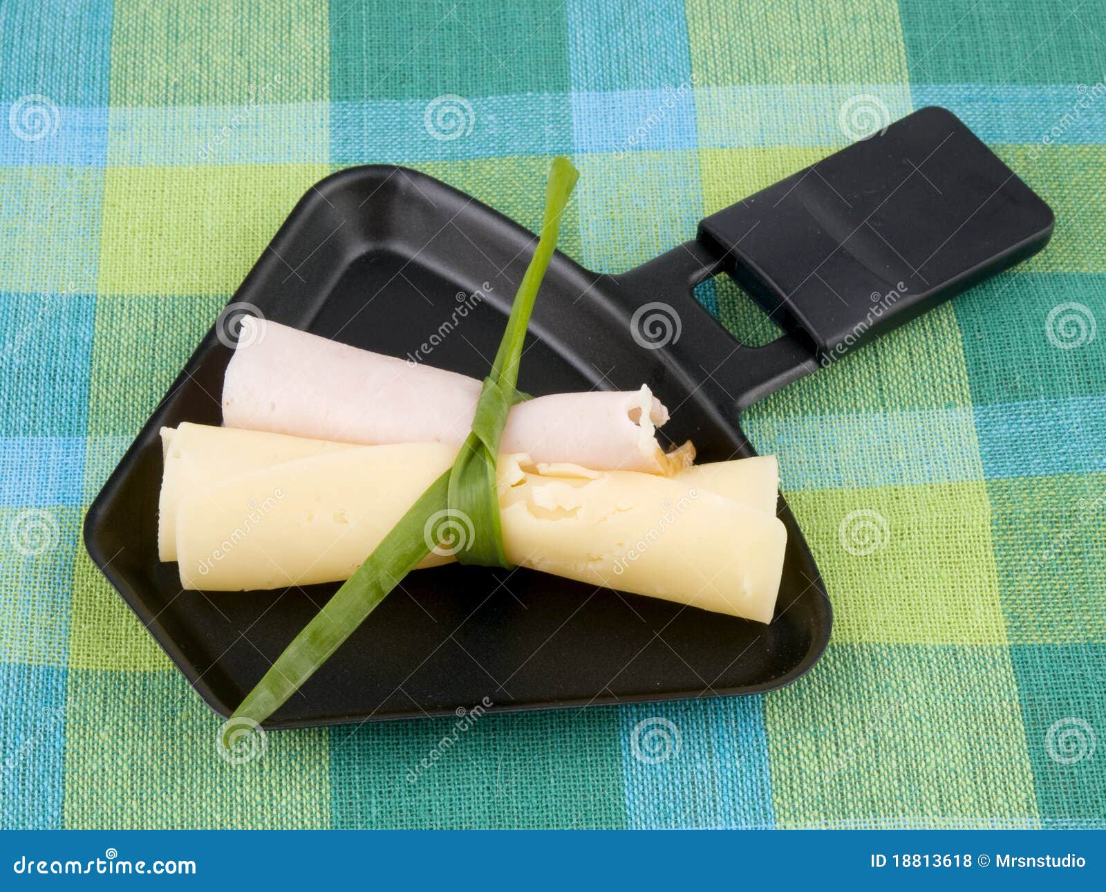 Raclette Pan with Cheese and Ham Stock Photo - Image of chive, food ...