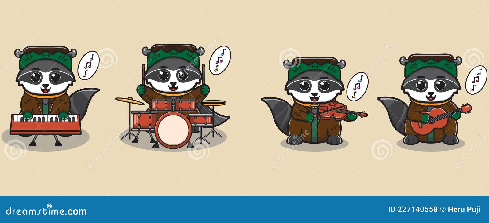 Cute Raccoon Monster Halloween Music Band Stock Vector - Illustration ...